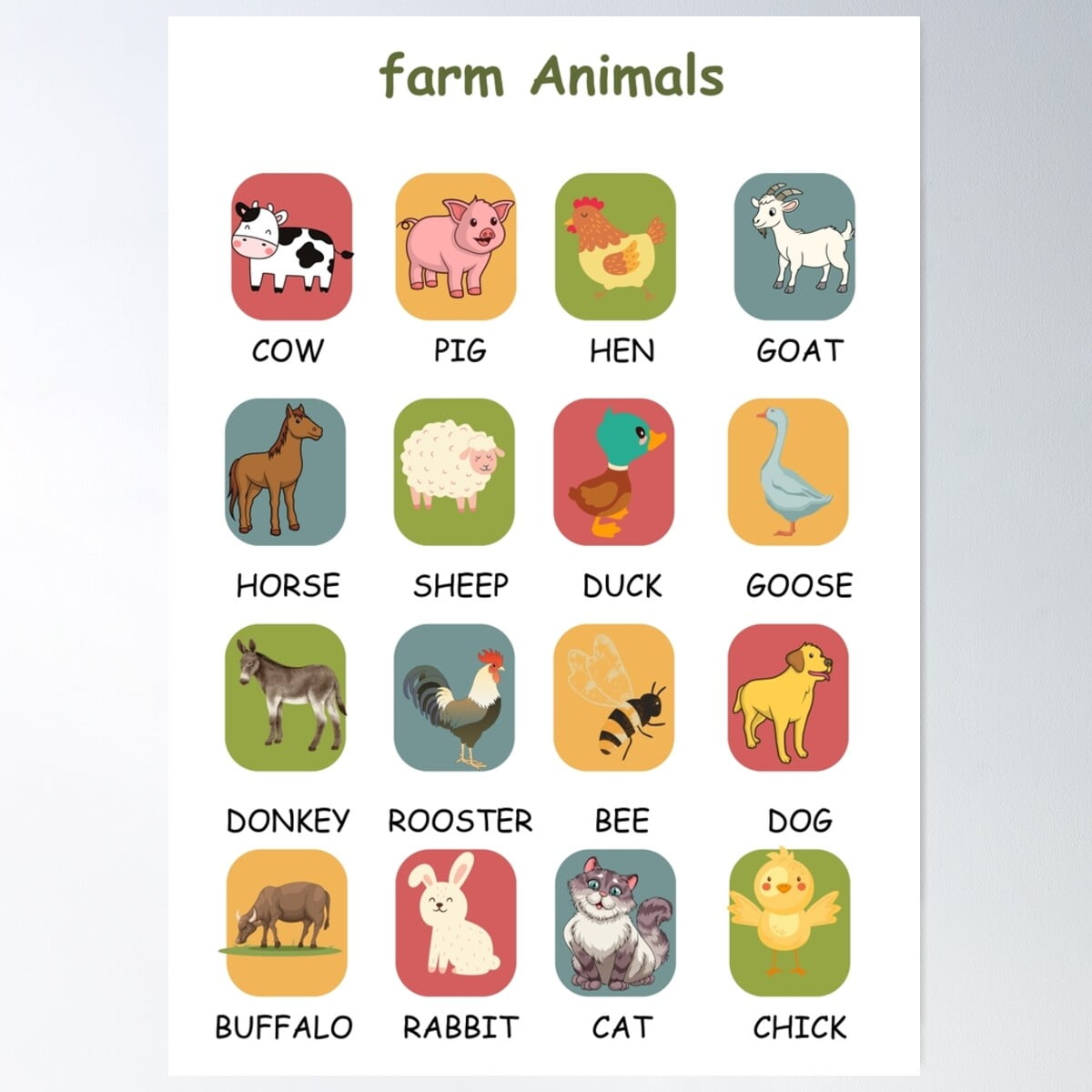 Educational Farm Animal Poster For Kids | Cute & Colorful Animal ...