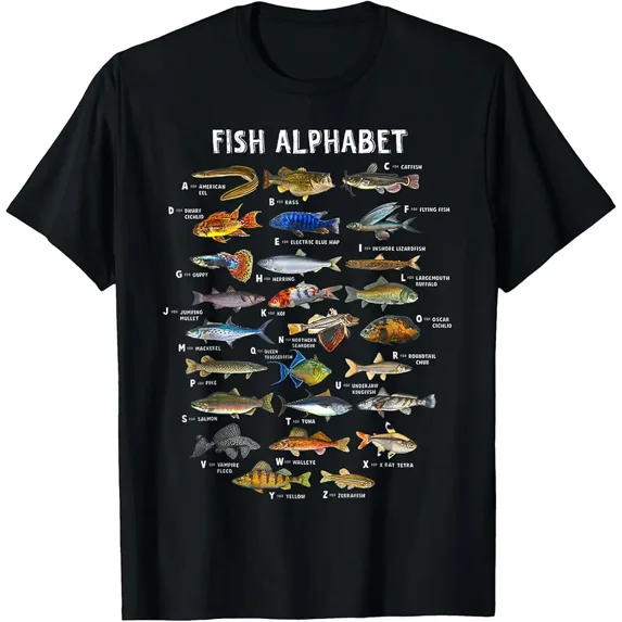 Educational Fish Alphabet Chart Unisex Fisherman Graphic Cotton Tee ...