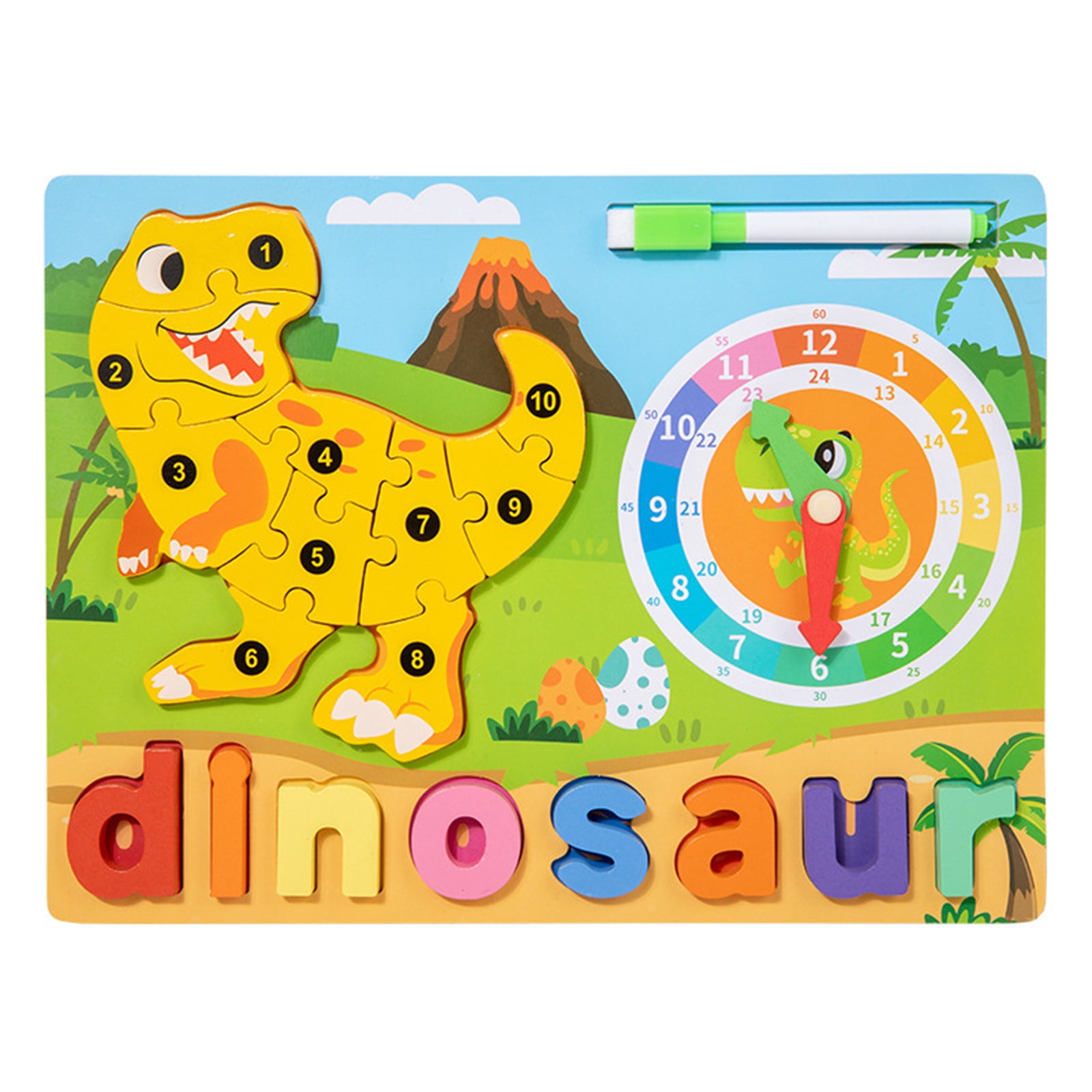 Educational Toys 2 in 1 Wooden Drawing Spelling Board Animal Time Clock ...