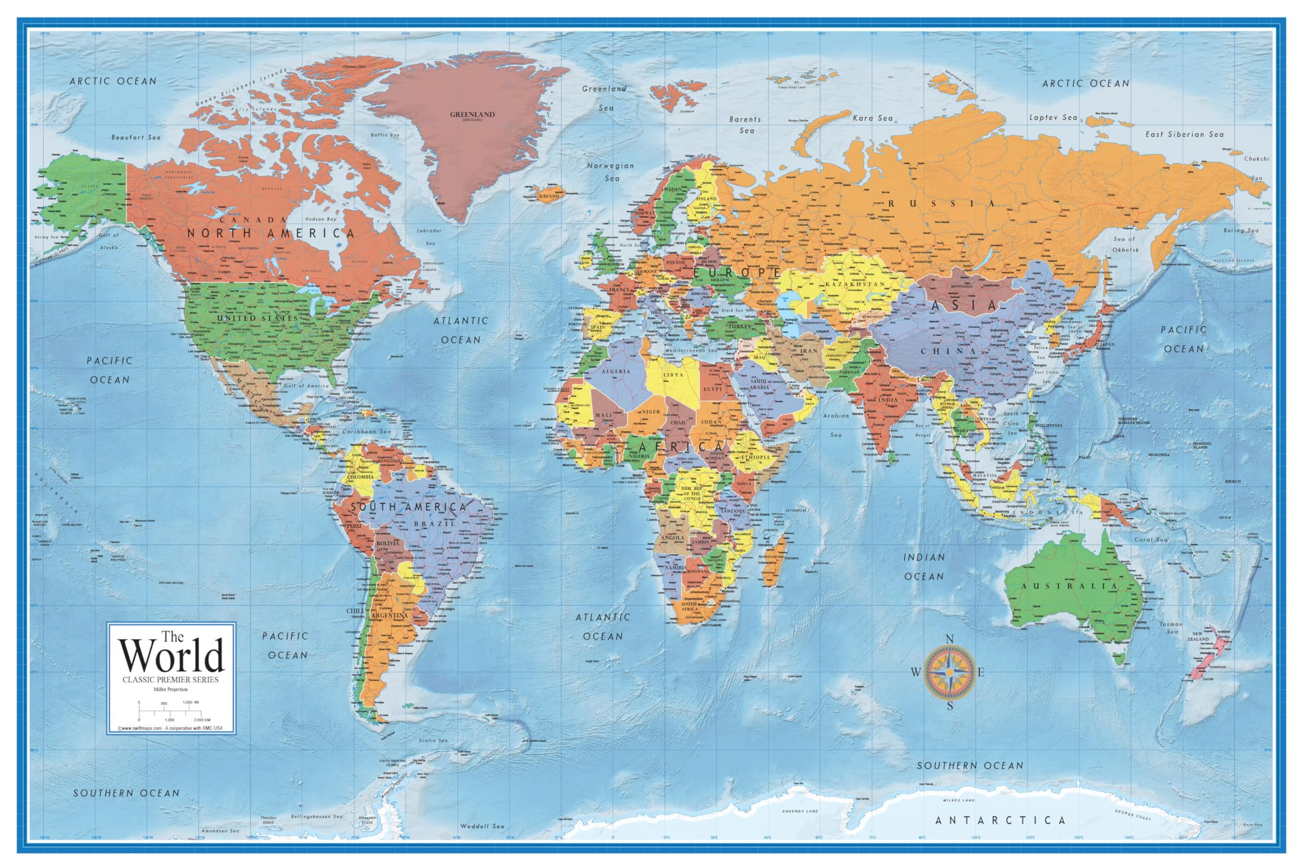Educational World Map Poster 24h x 36w, 3D Shaded Relief for Landforms ...