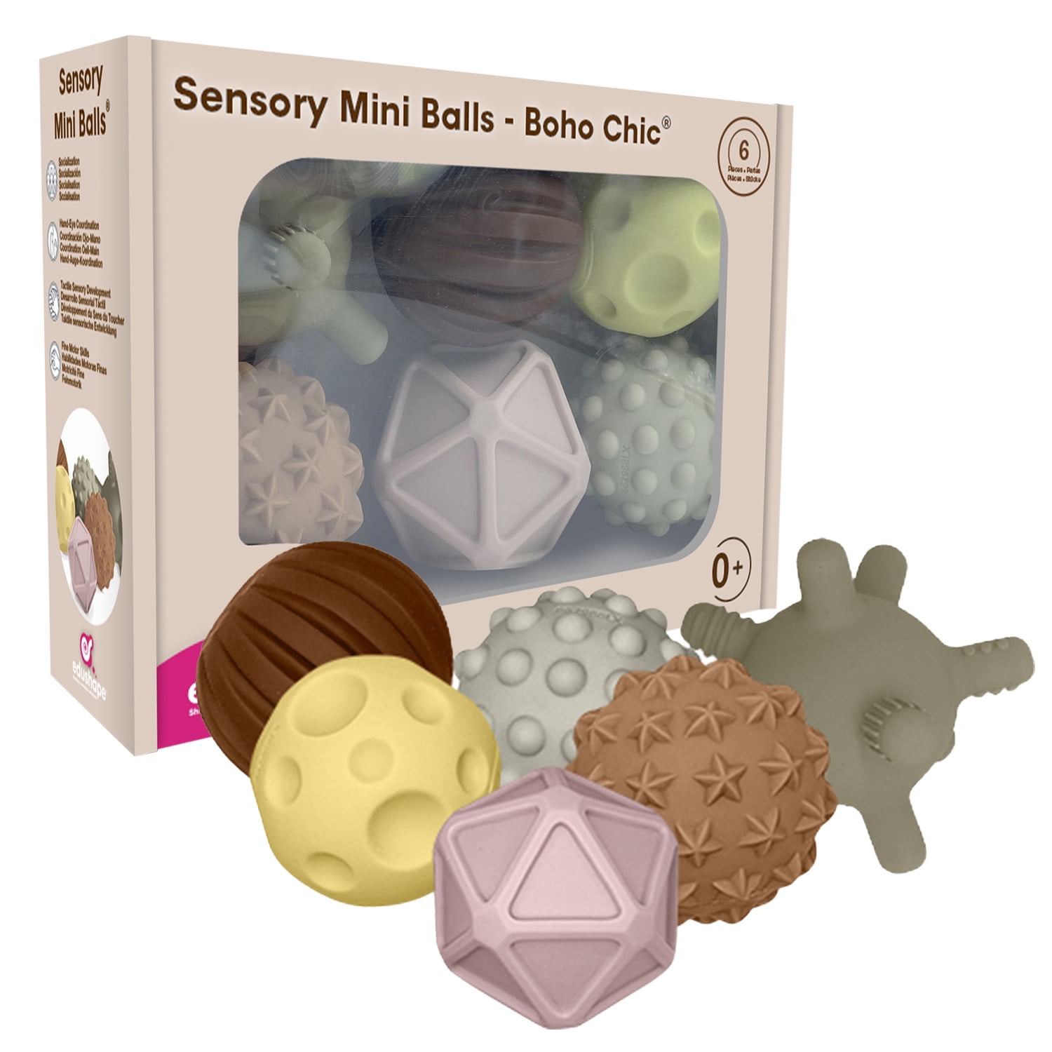 Edushape Sensory Mini Balls for Babies, Boho Chic, 6-Pack, BPA-Free, Soft, Easy Grip, 6 Months+ ...