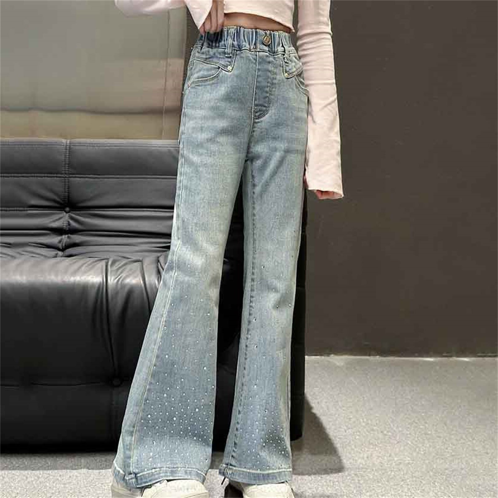 Edvintorg 5-15Y Kids Jean Pants for Girls Elastic Waisted Long Flared ...