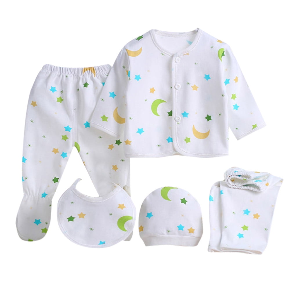 Edvintorg Baby Clothes Set, 5PCS Cotton Outfit, Long Sleeve Tops, Hat, Pants, Bib, 0-3 Months ...