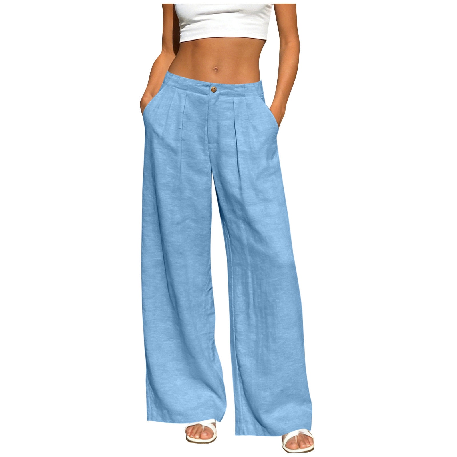 Edvintorg Cotton Linen Pants Women Fashion High Wiasted Wide Leg Flowy ...