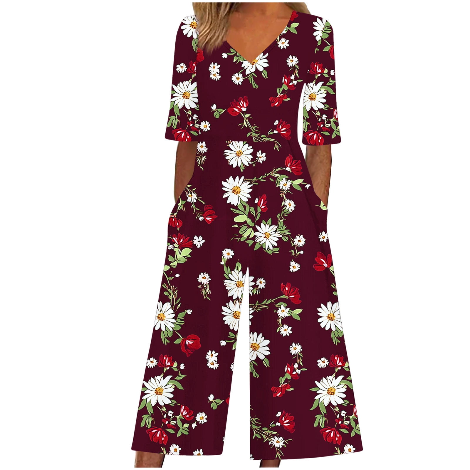 Edvintorg Floral Jumpsuits for Women Short Sleeve V Neck Back Zipper ...