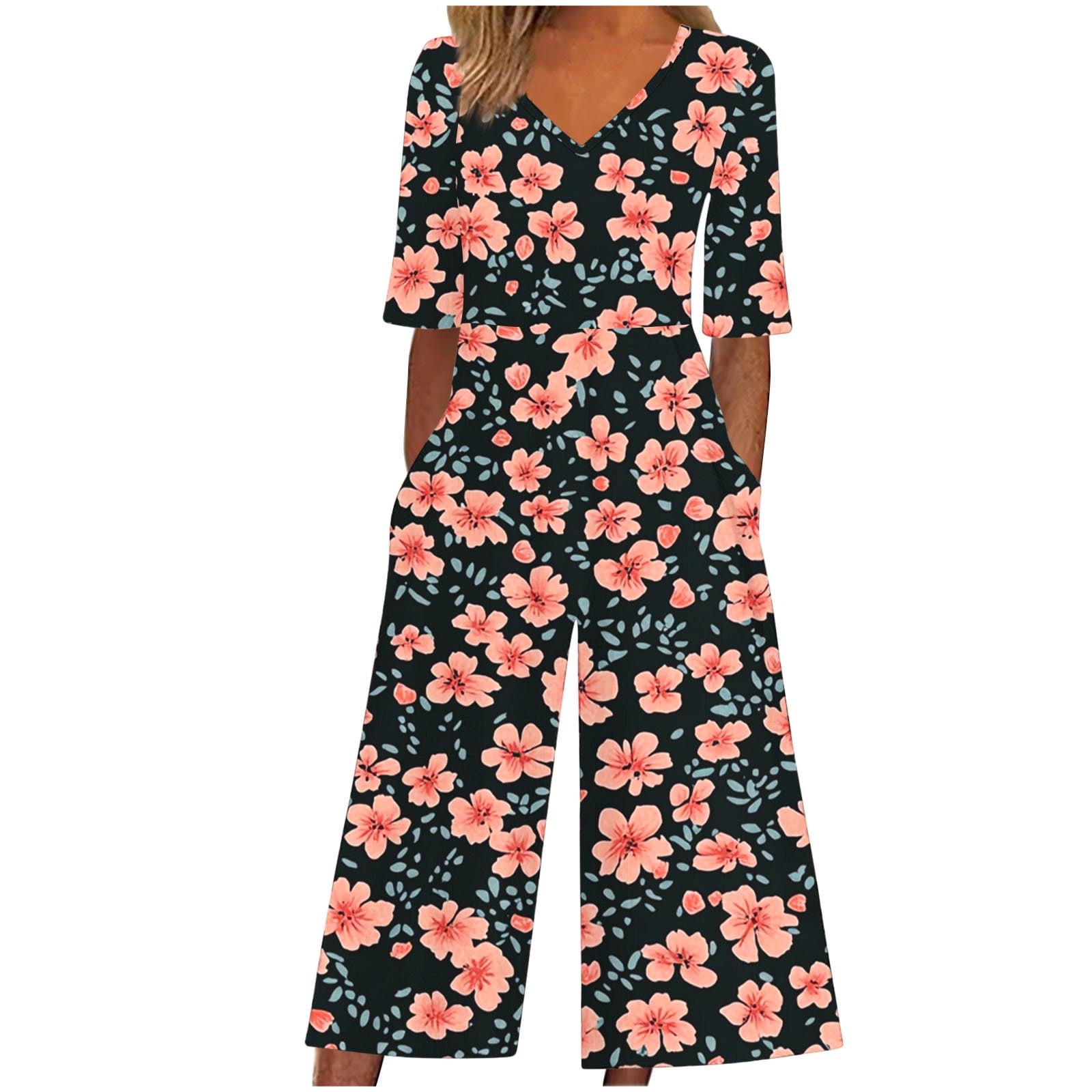 Edvintorg Summer Jumpsuit Women Vintage Floral Print Short Sleeve V ...