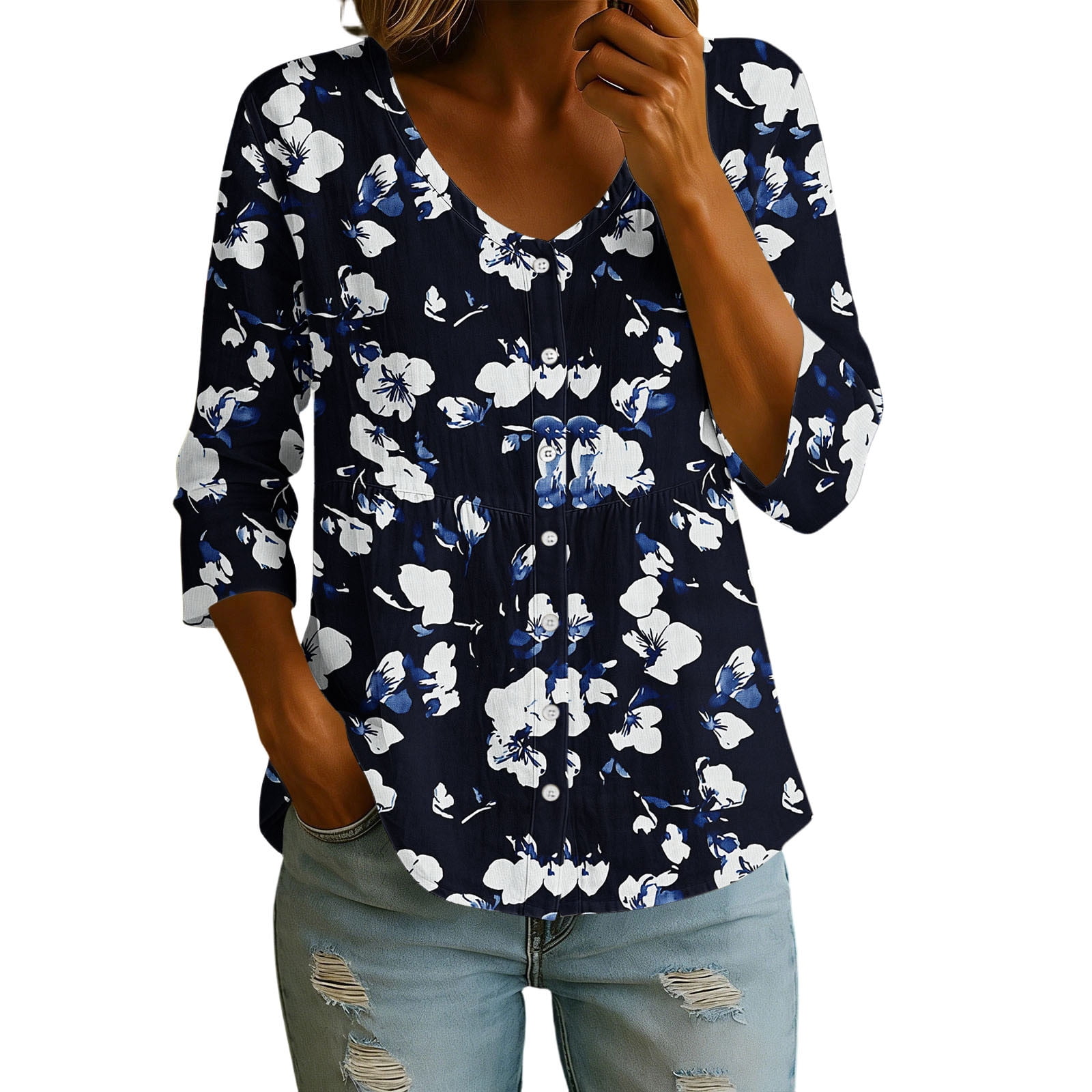 Edvintorg Tops for Women Floral Printed 3/4 Length Sleeve Casual V Neck ...