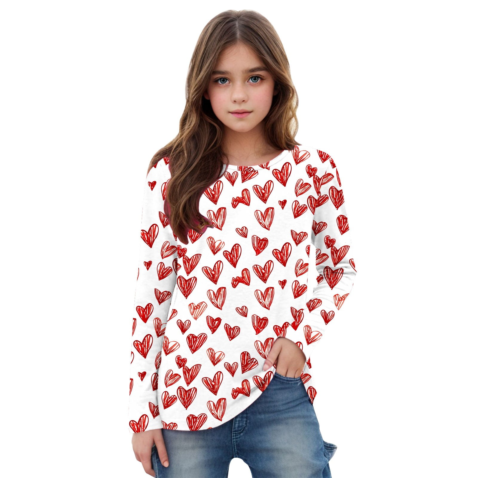 Edvintorg Valentine's Day Girls Shirts Long Sleeve Heart Printing ...