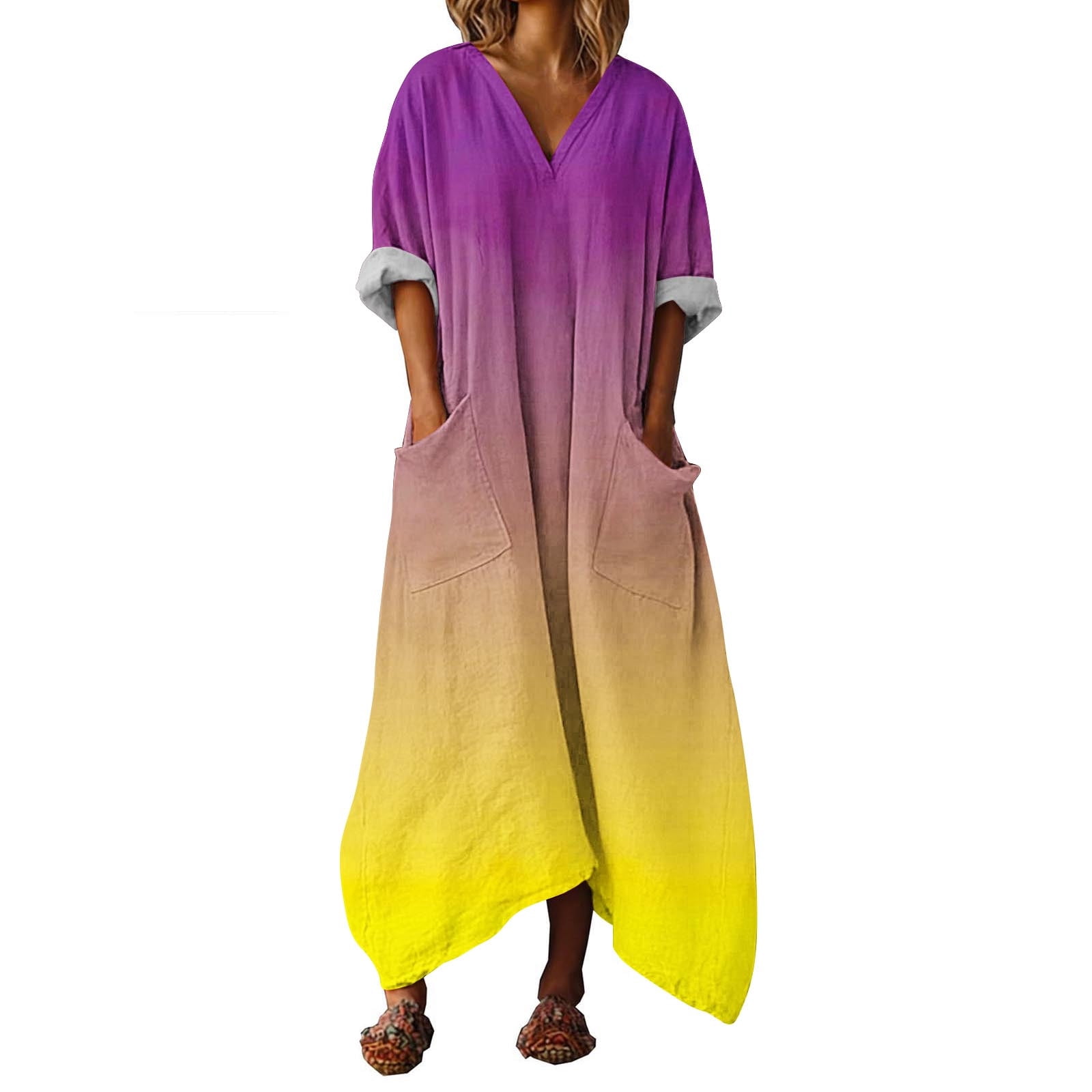 Edvintorg Women's Loose Casual Gradient Print Maxi Dress V-Neck 3/4 ...