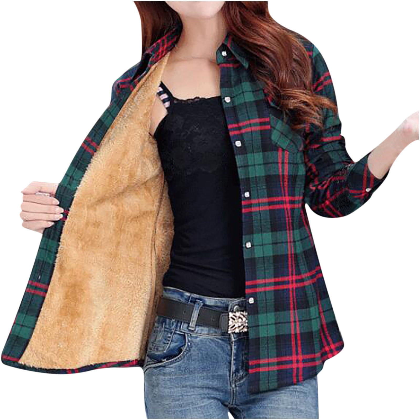 Edvintorg Women's Plaid Jacket Winter Plush Warm Thicken Red Plaid ...