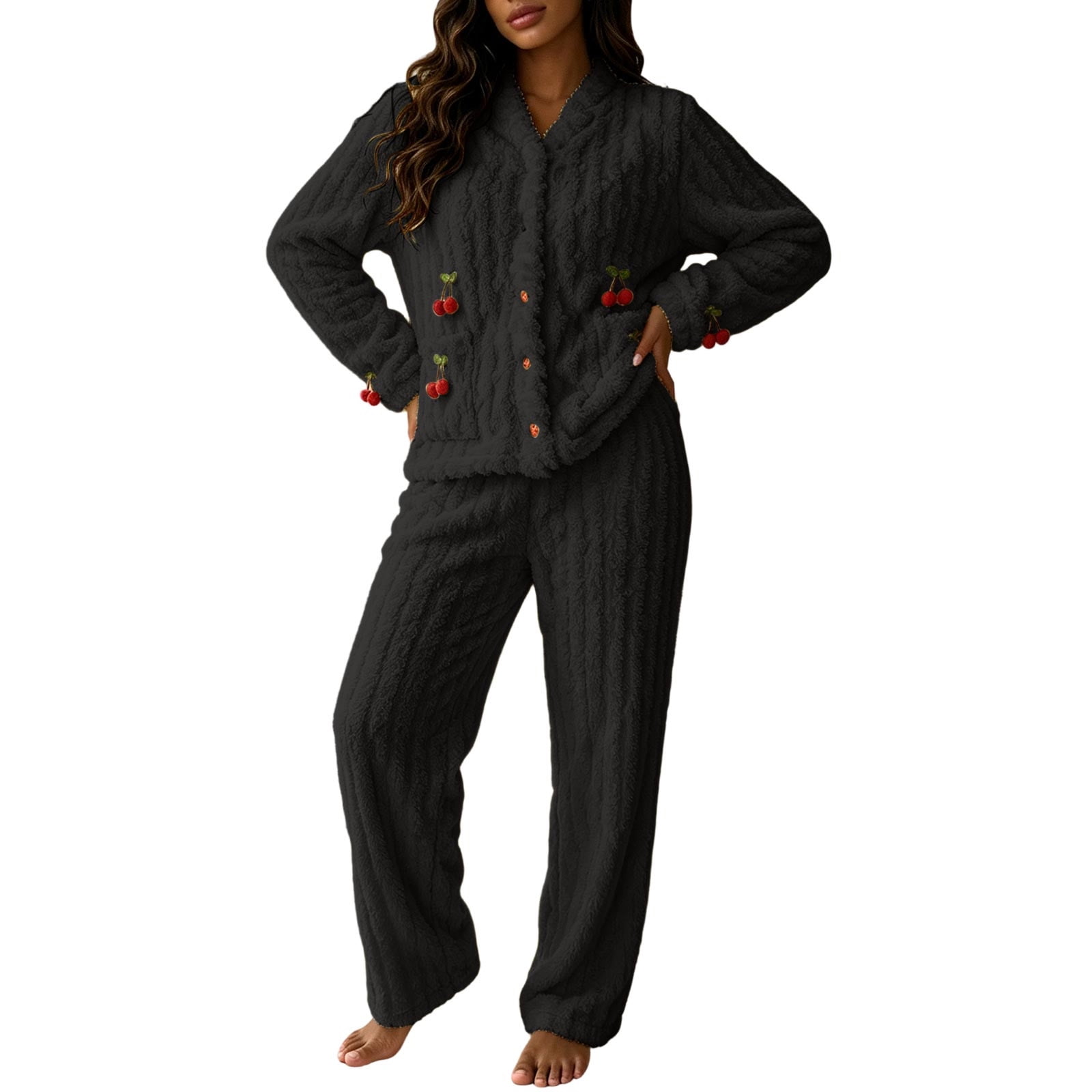 Edvintorg Women's Sleepwear Fleece Pajama Set Solid Color Long Sleeve ...