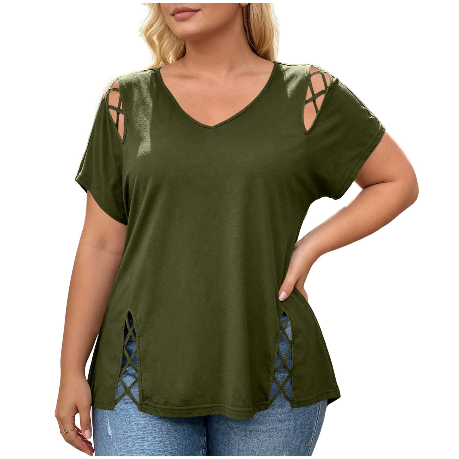 Edvintorg Womens Blouses Casual Plus Size Fashion V Neck Short Sleeve ...