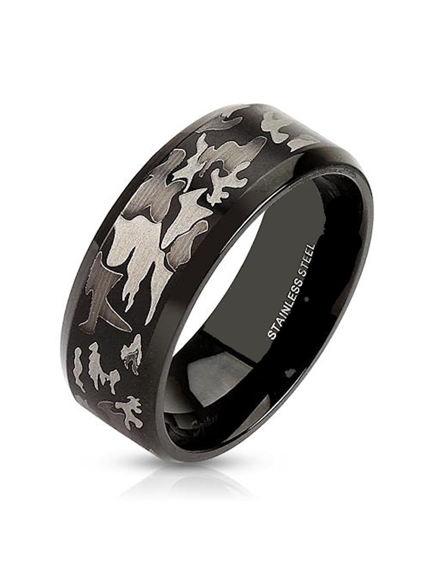 Edwin Earls 8mm Stainless Steel High Polish Black Gray Camouflage Wedding Band Ring for Men Or ...