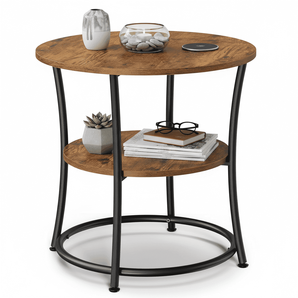 Edx 2-Tier Round Side Table Nightstand with Steel Frame - Antiqued Wood ...