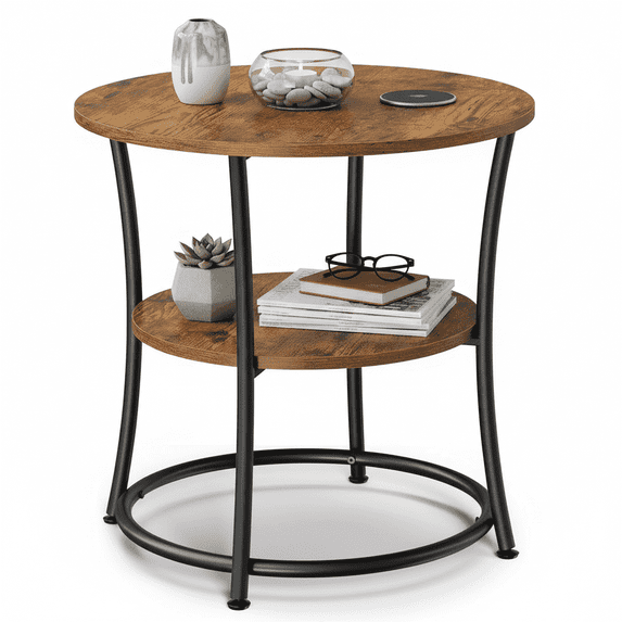 Edx 2-Tier Round Side Table Nightstand with Steel Frame - Antiqued Wood ...