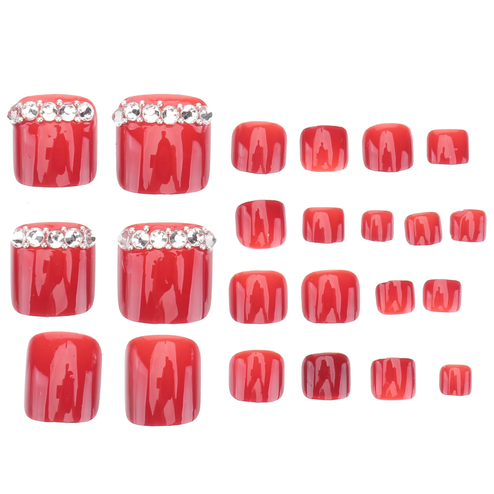Eease 24 Red Rhinestone Toe False Nails Press On Full Cover Artificial ...