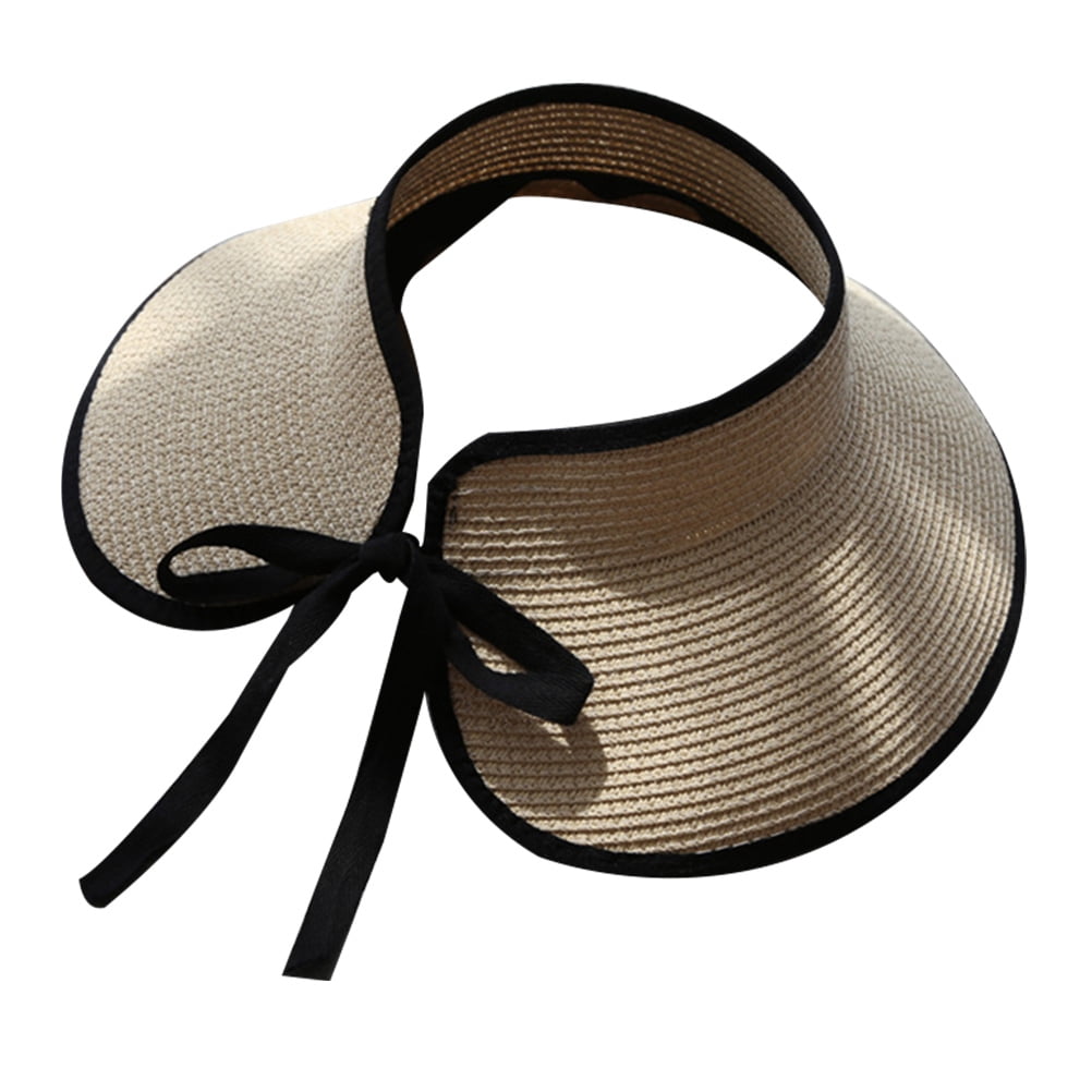 Eease Beige Straw Sun Visor Wide Brim Roll-up Sun Hat with Bow ...
