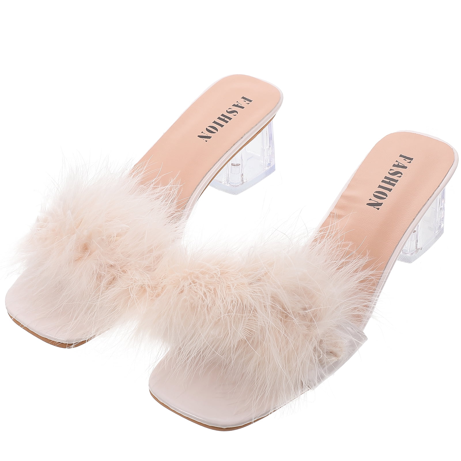 Eease Fluffy Heel Mules Open Toe Block Heel Sandals Fuzzy Slippers ...