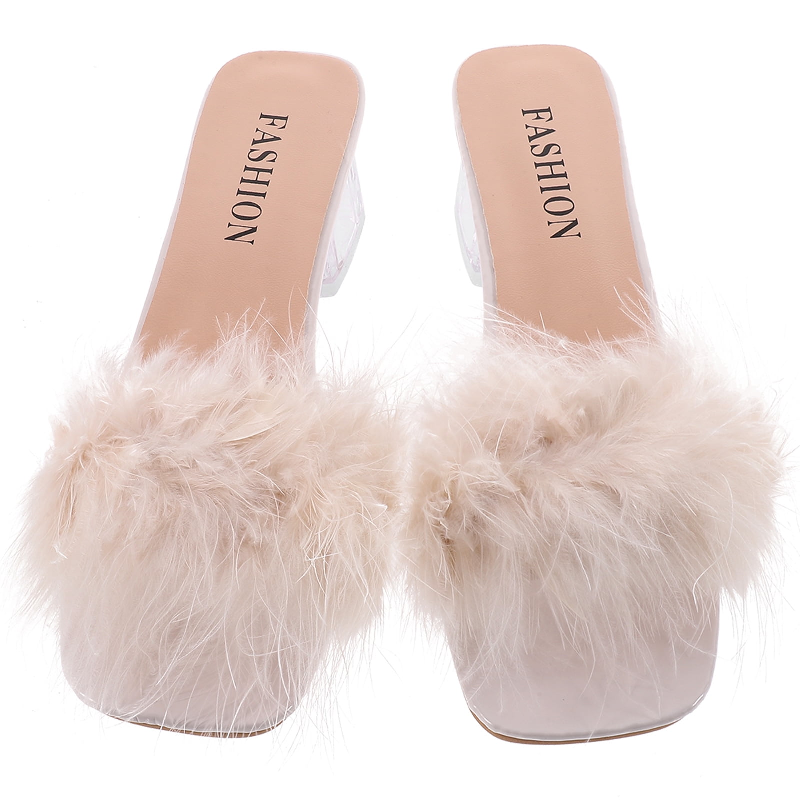 Eease Fluffy Heel Mules Open Toe Sandals Fuzzy Slippers Dress Shoes ...