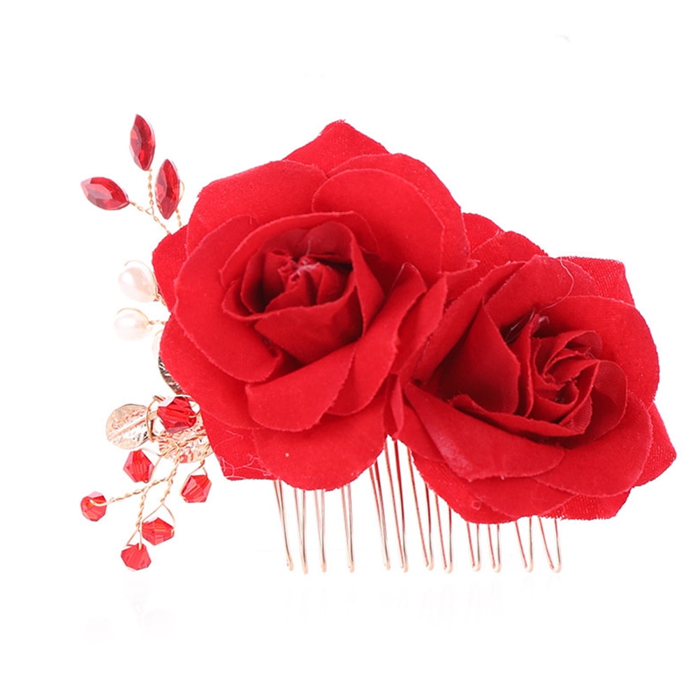 Eease Red Rose Bridal Hair Comb with Rhinestone & Pearl Decoration for ...