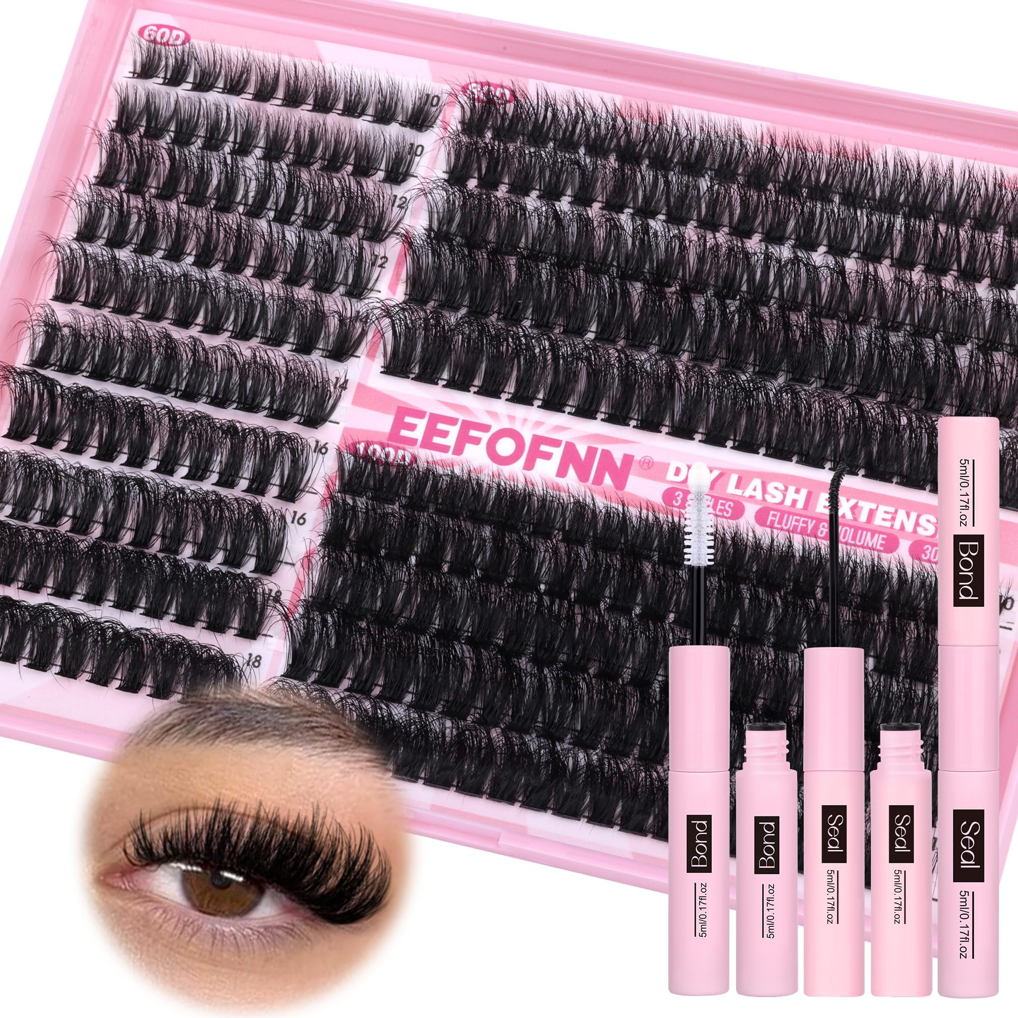 Eefofnn Lash Clusters Kit TSF6 Full Lash Extension Kit Volumious Eyelash Clusters Thick 60D+80D ...