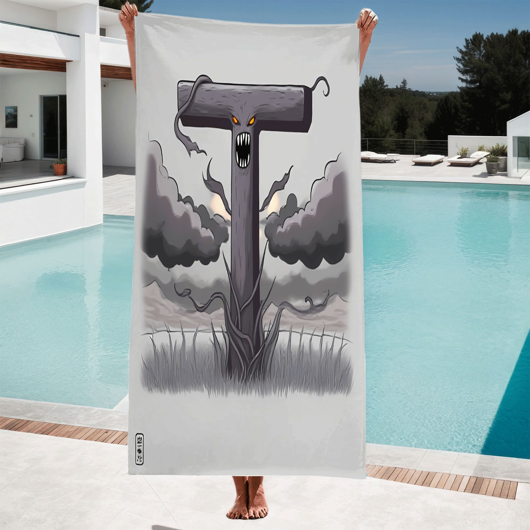 Eerie Cross Design Beach Towel - Dark Ominous Pattern with Menacing ...