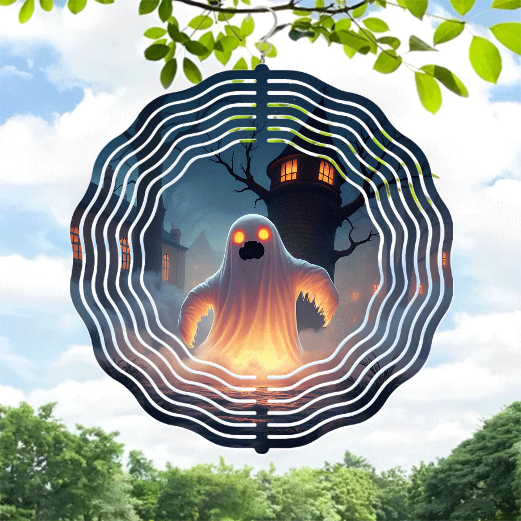 Eerie Ghostly Wind Spinner with Sound Wave Design - Metal Hanging Wind ...