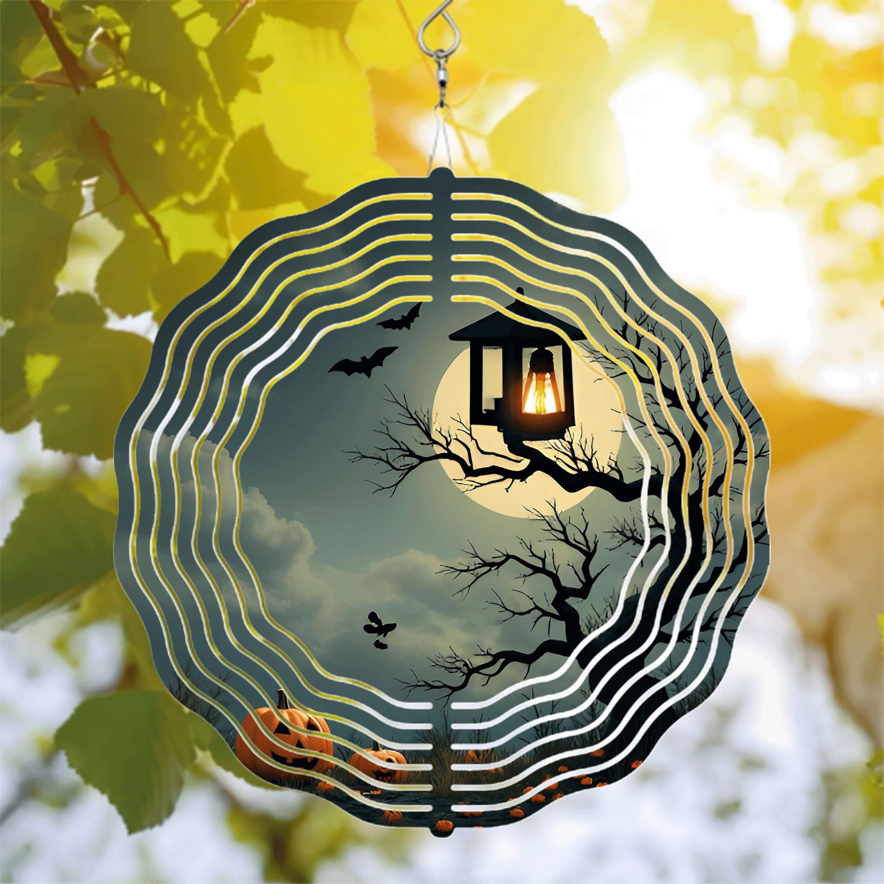 Eerie Halloween Metal Hanging Wind Spinners & Chimes - Lantern & Bat ...