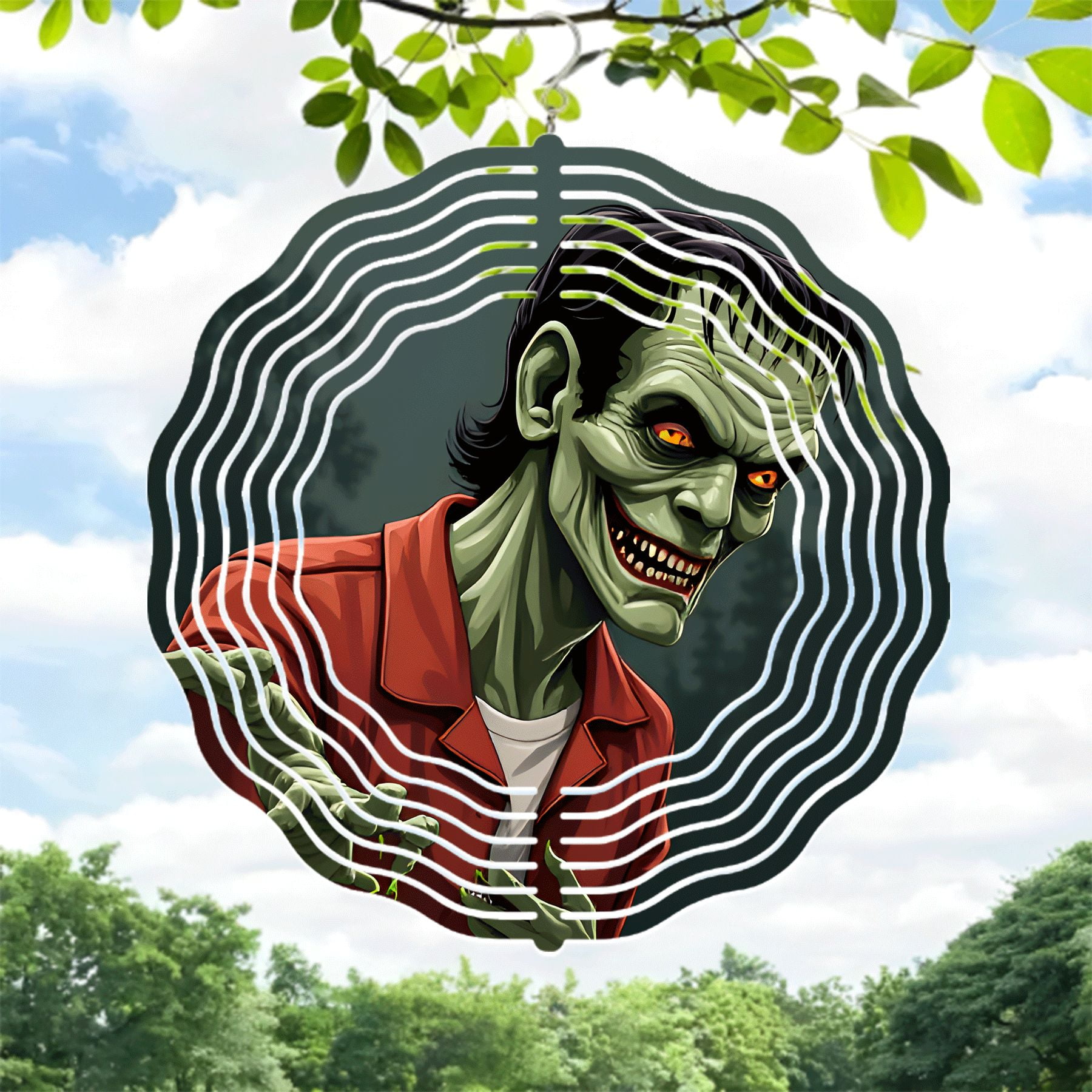 Eerie Metal Hanging Wind Spinner - Glowing Eyes Teeth Design Perfect ...