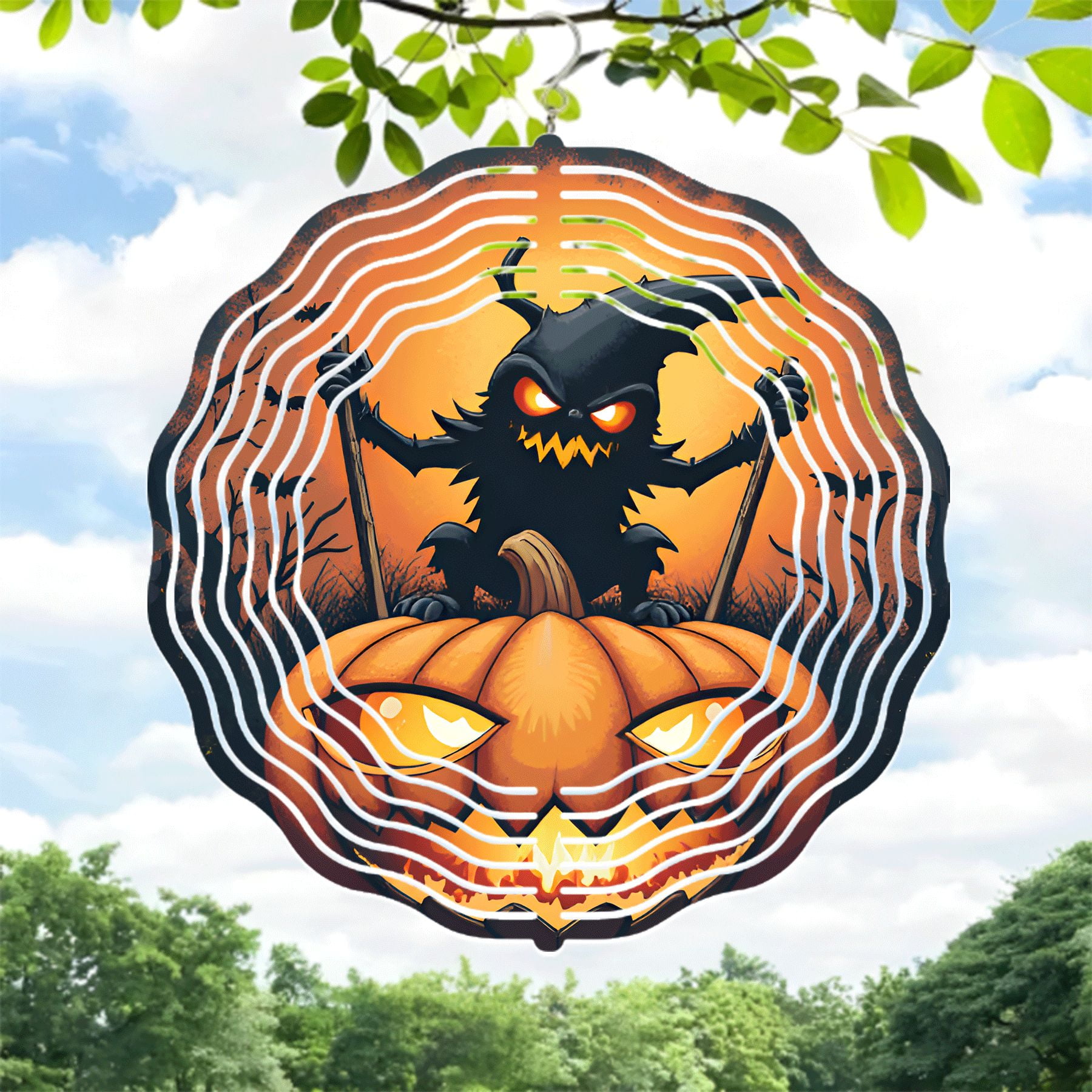 Eerie Metal Hanging Wind Spinner with Symmetrical Pumpkin Design ...
