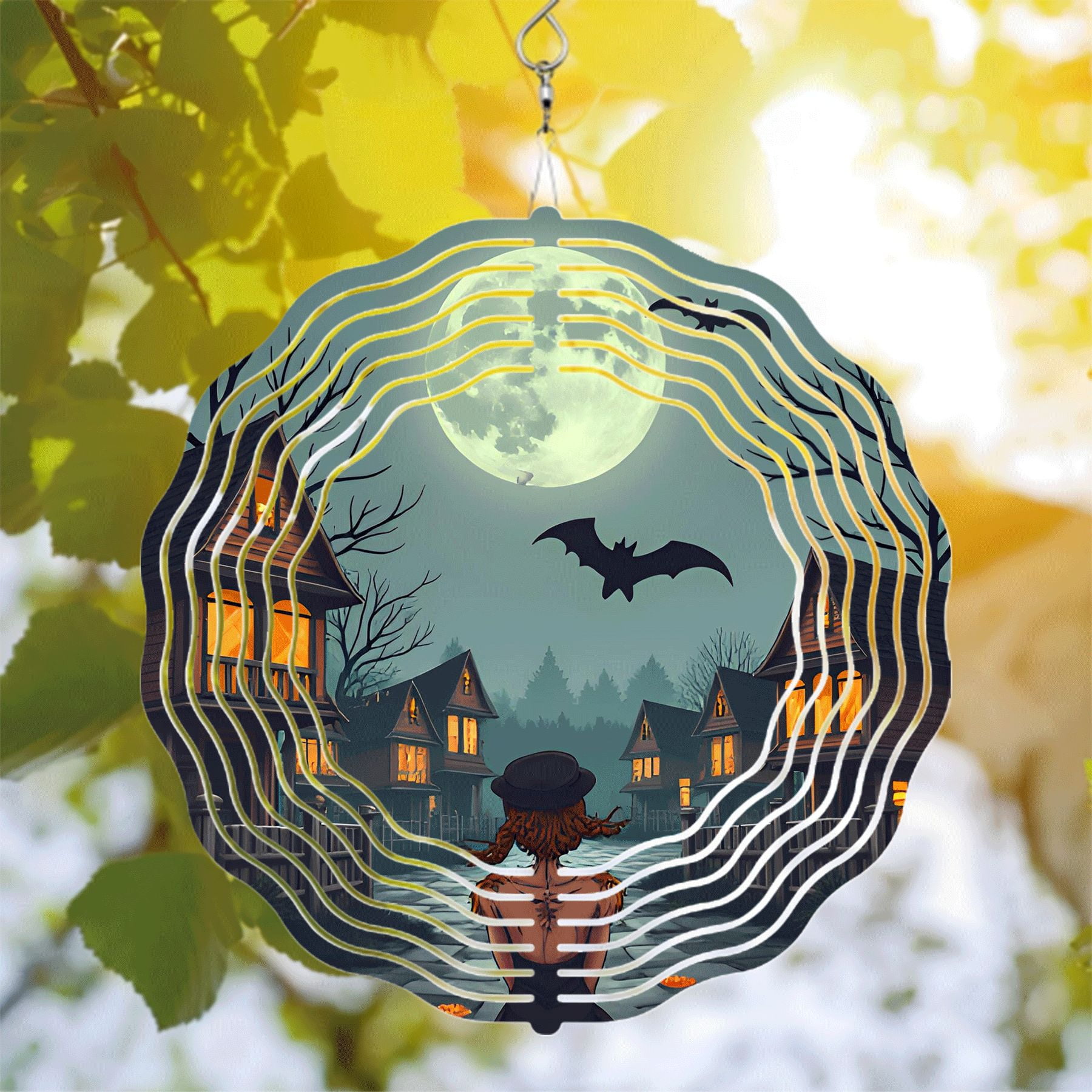 Eerie Metal Hanging Wind Spinners & Chimes - Spooky Skeleton & Bat ...