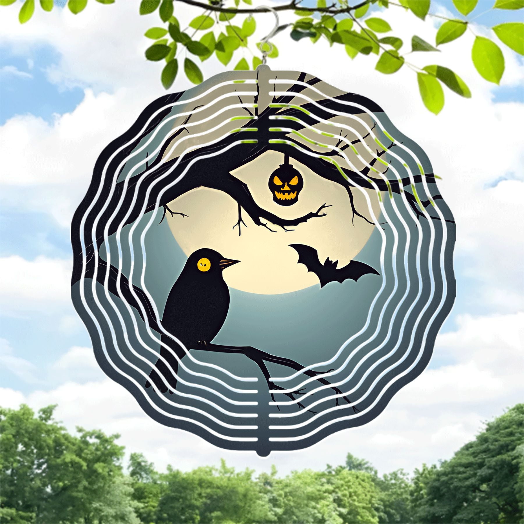 Eerie Moonlit Metal Hanging Wind Spinner & Chime - Pumpkin & Bat Design ...