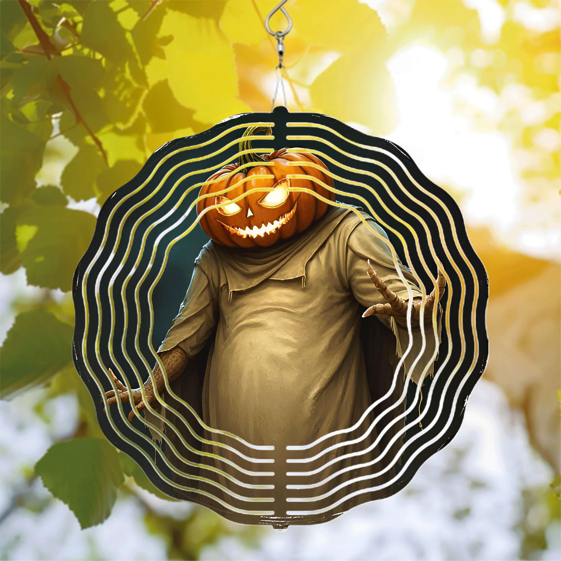 Eerie Pumpkin Head Metal Wind Spinner - Concentric Wave Pattern Design ...