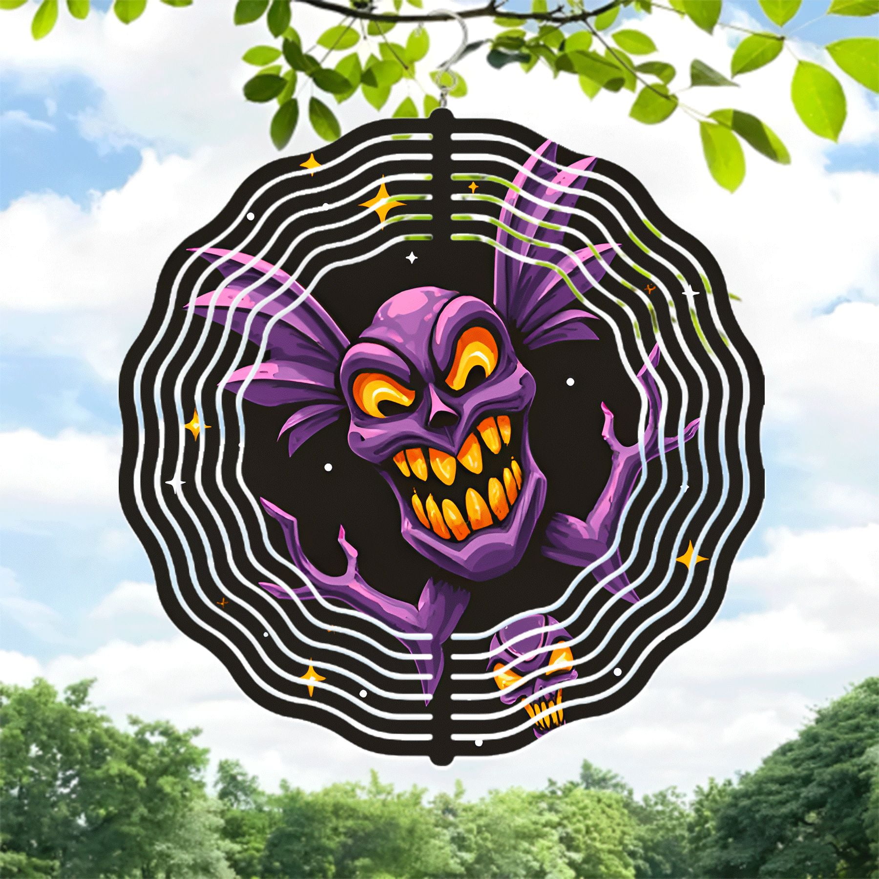 Eerie Purple Creature Metal Wind Spinner - Teeth & Glowing Eyes Design ...