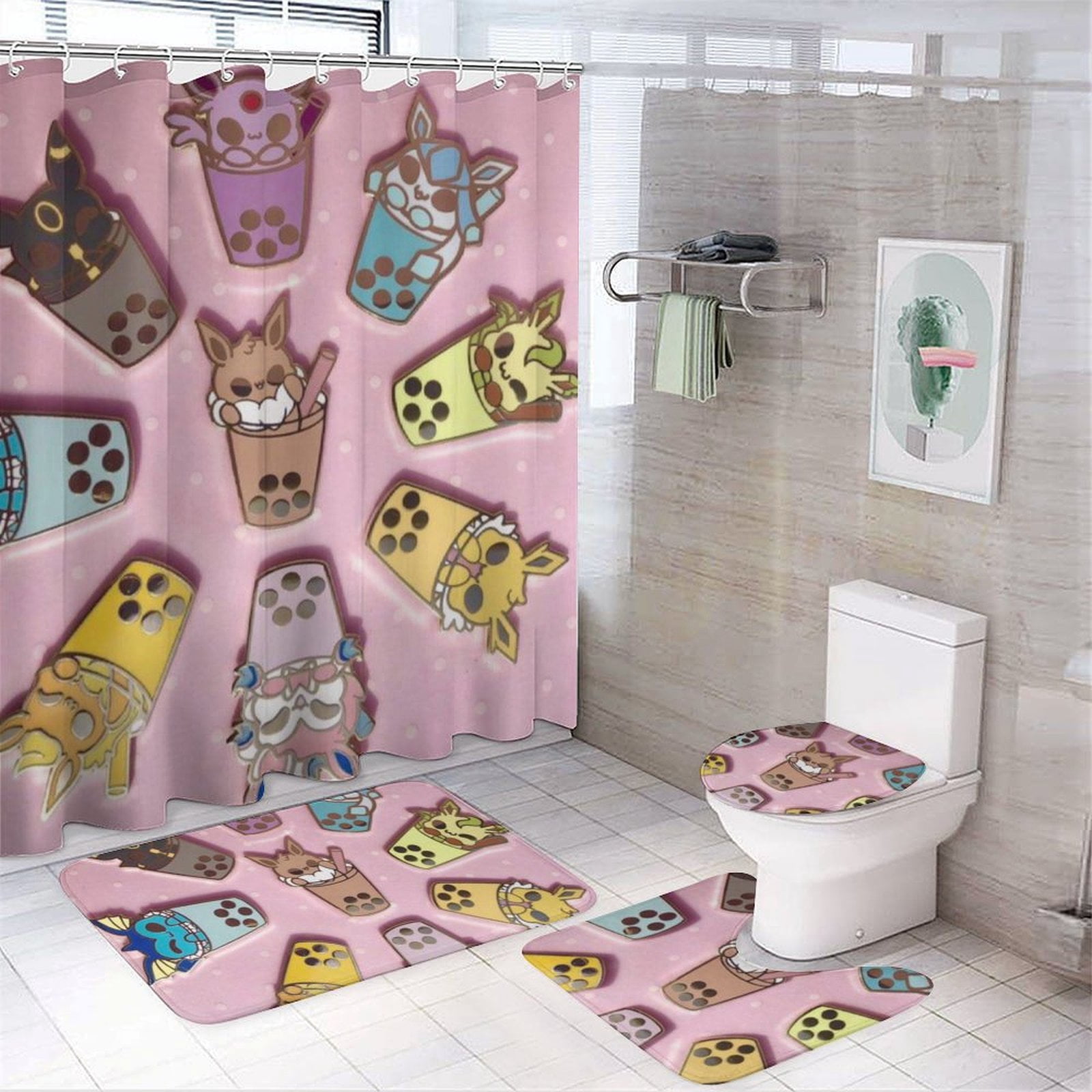 Eevee Evolutions Cartoon Shower Curtain Set for Bathroom 4 Piece ...