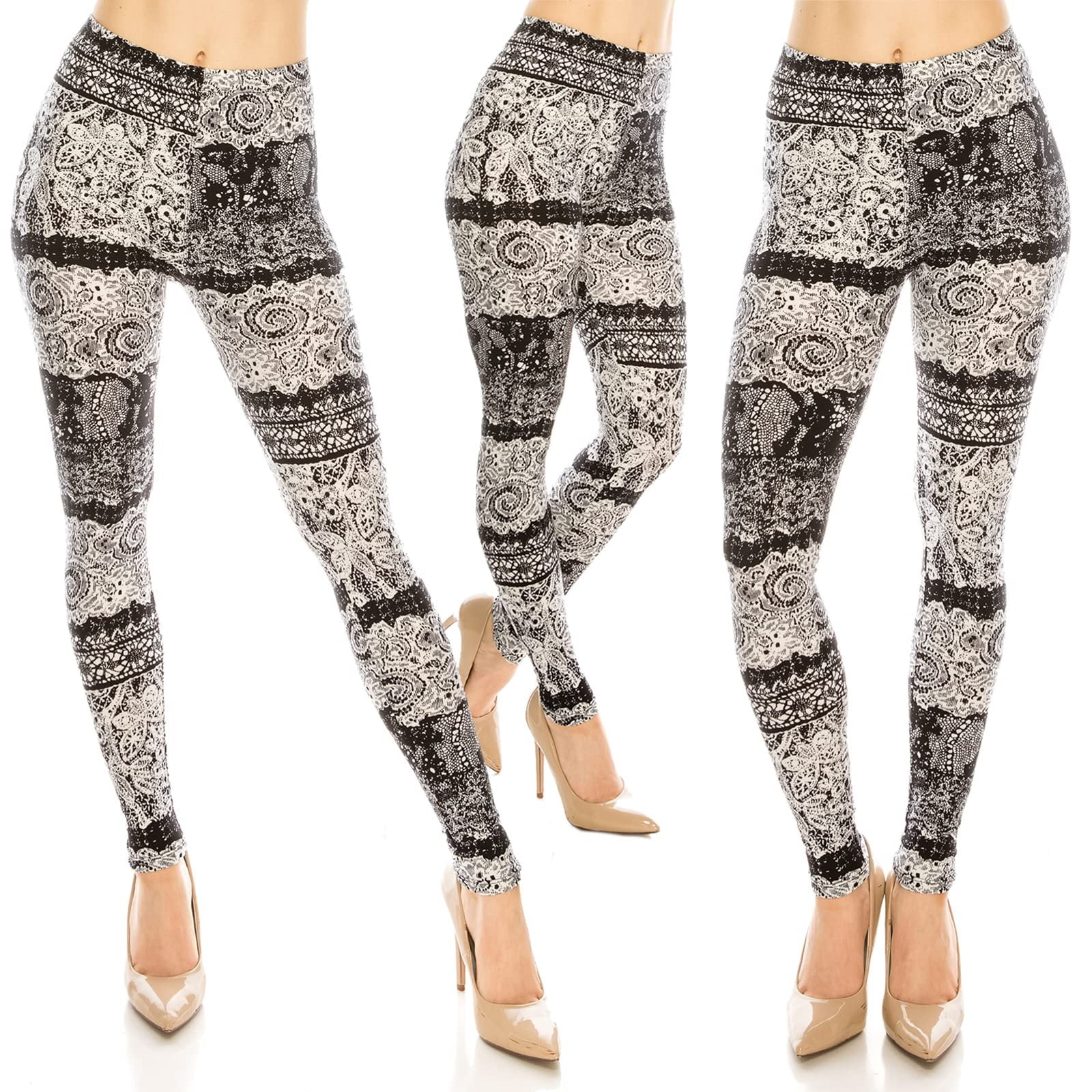 Eevee Women's Ultra Soft Solid & Patterned Leggings - One Size B&W Lace ...