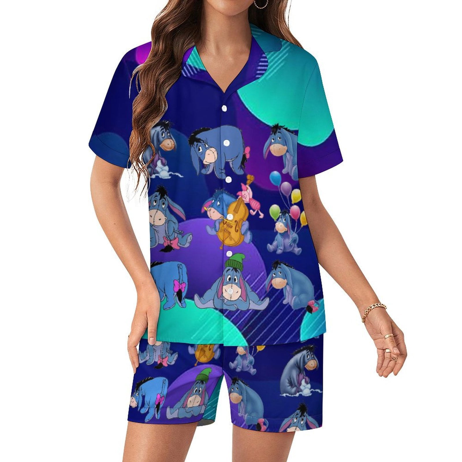 Eeyore Pooh Women's Pajama Set 2-Piece Sleepwear Loungewear Button Down ...