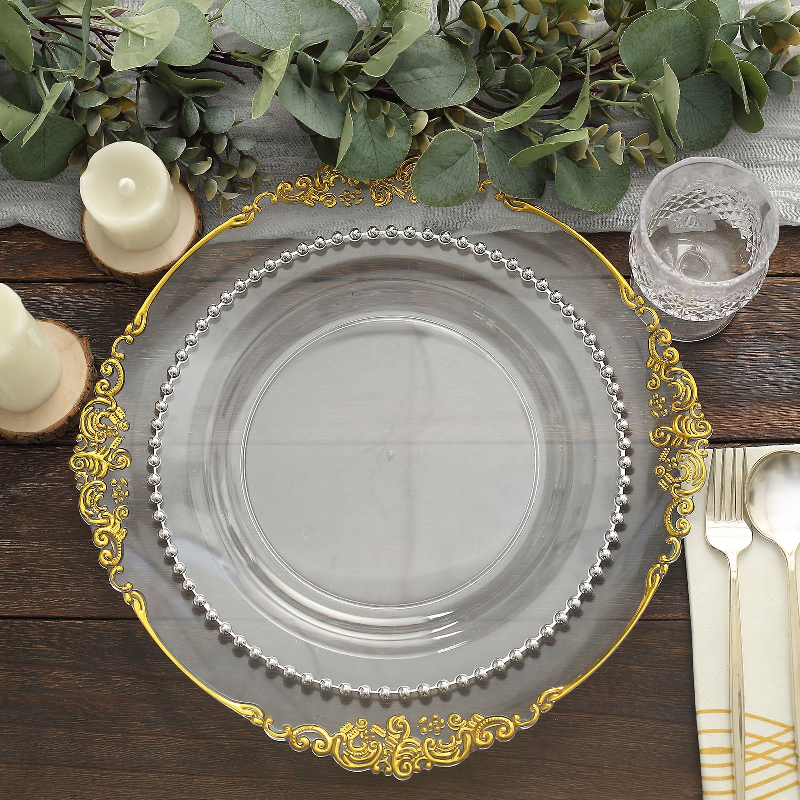 Efavormart 10 Pack | 10" Clear / Silver Beaded Rim Plastic Dinner ...