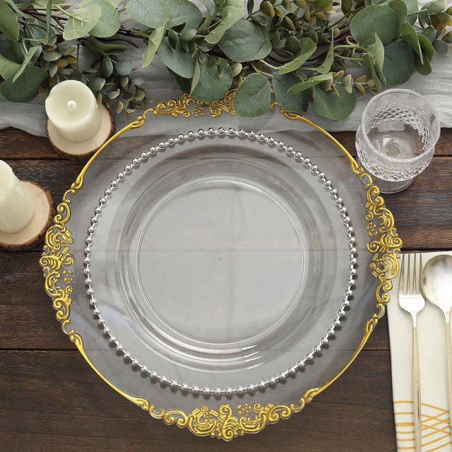 Efavormart 10 Pack | 10" Clear / Silver Beaded Rim Plastic Dinner ...