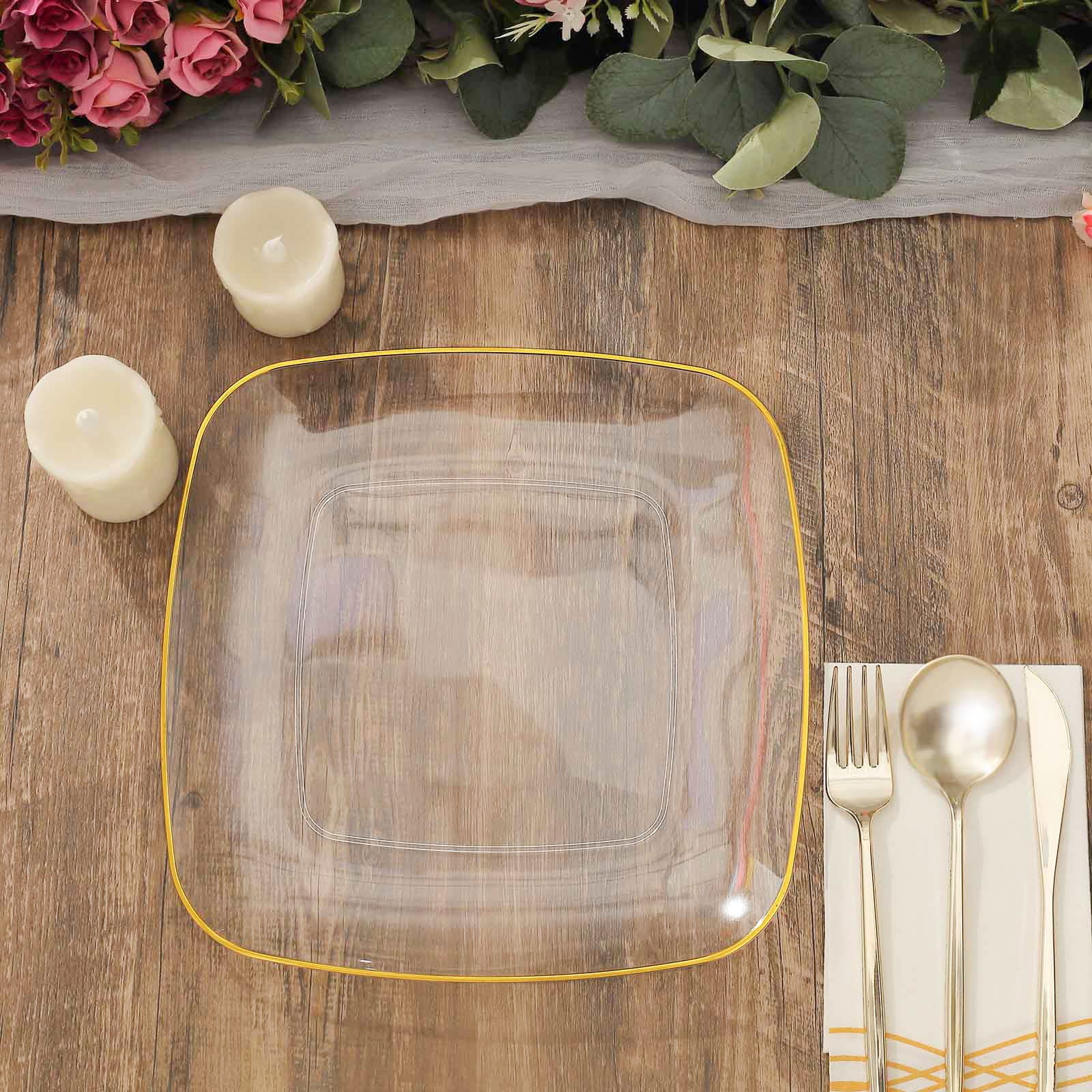 Efavormart 10 Pack | 10" Clear With Gold Rim Square Plastic Dinner ...