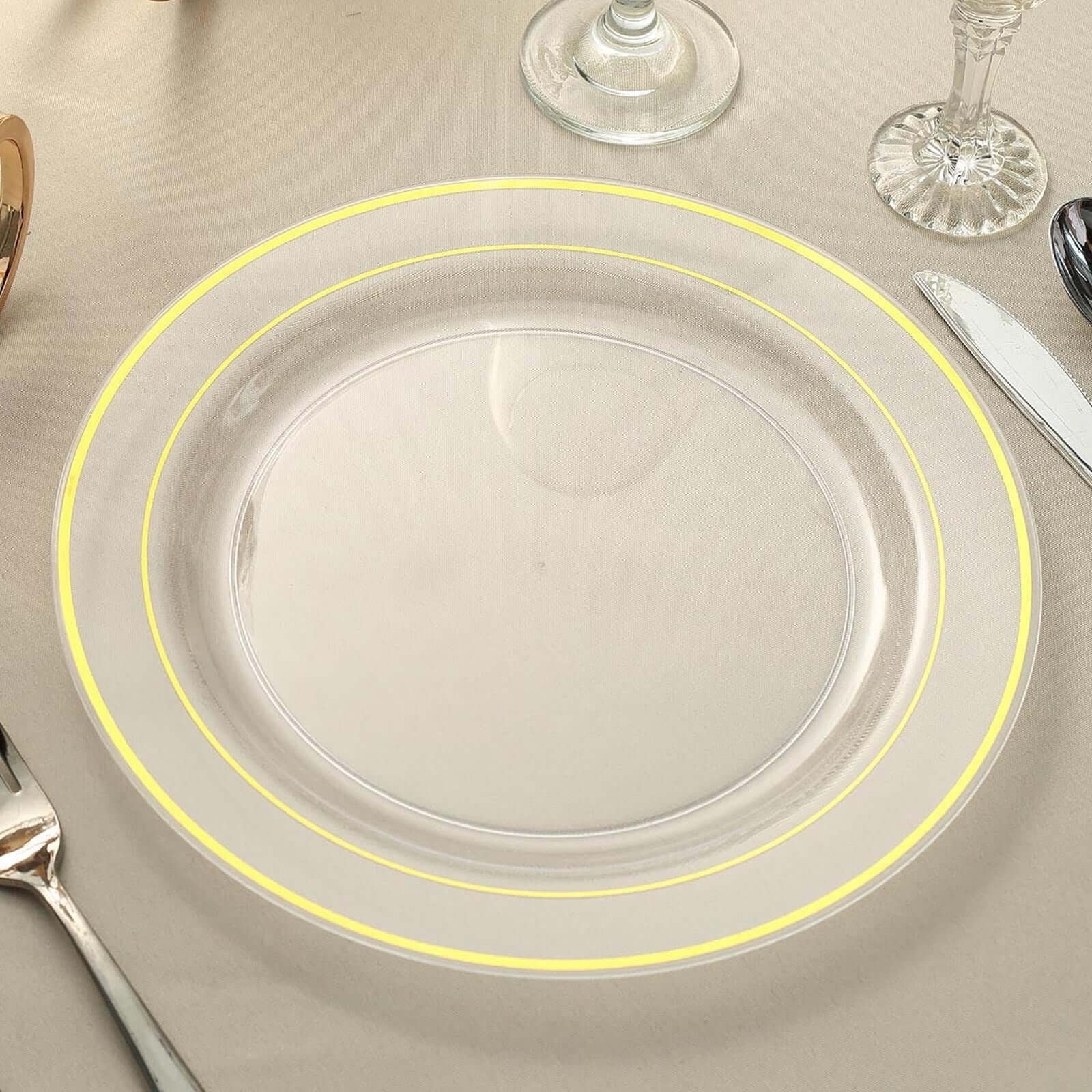 Efavormart 10 Pack - 10" Gold-Trimmed Clear Round Plastic Dinner Plates ...