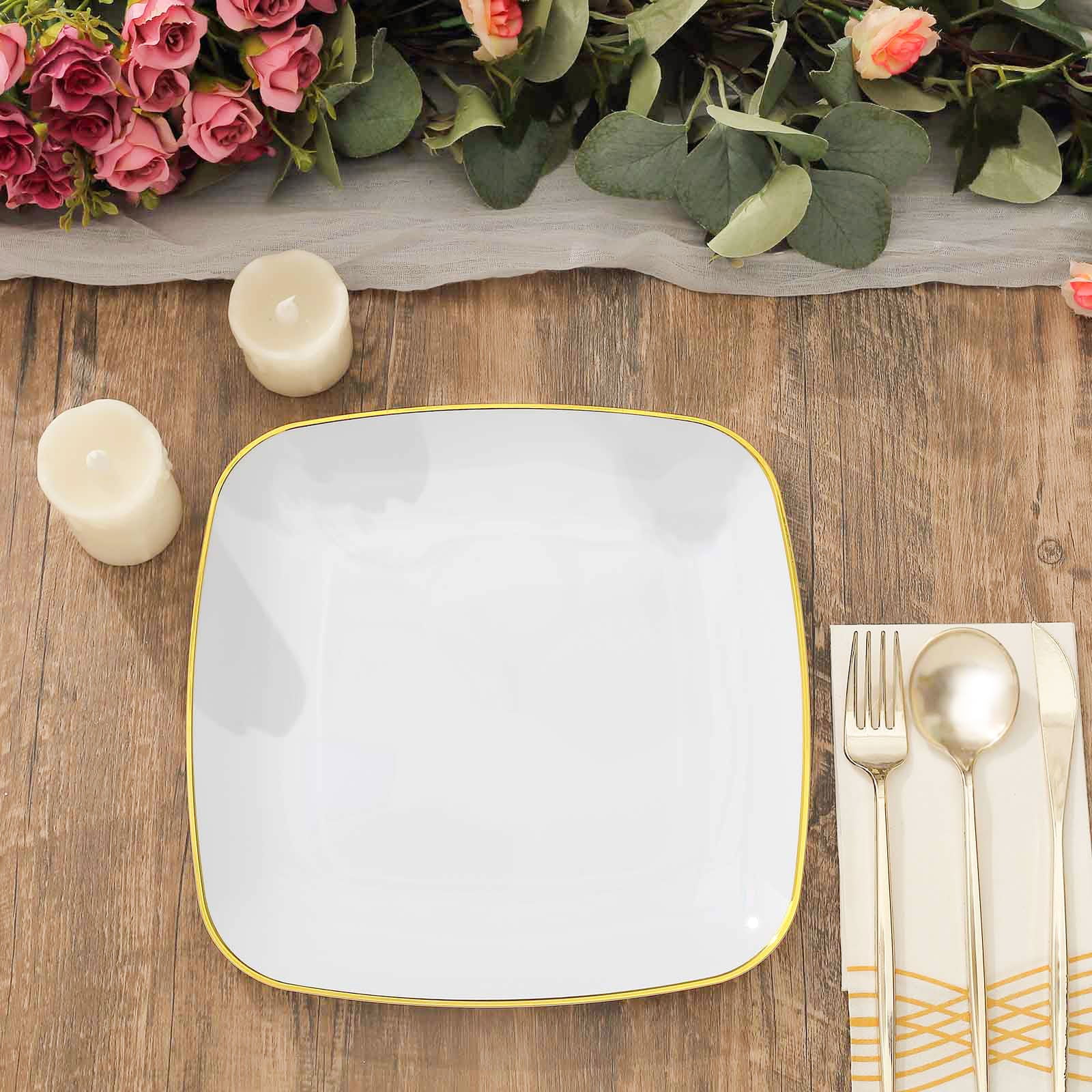 Efavormart 10 Pack | 10" White With Gold Rim Square Plastic Dinner ...