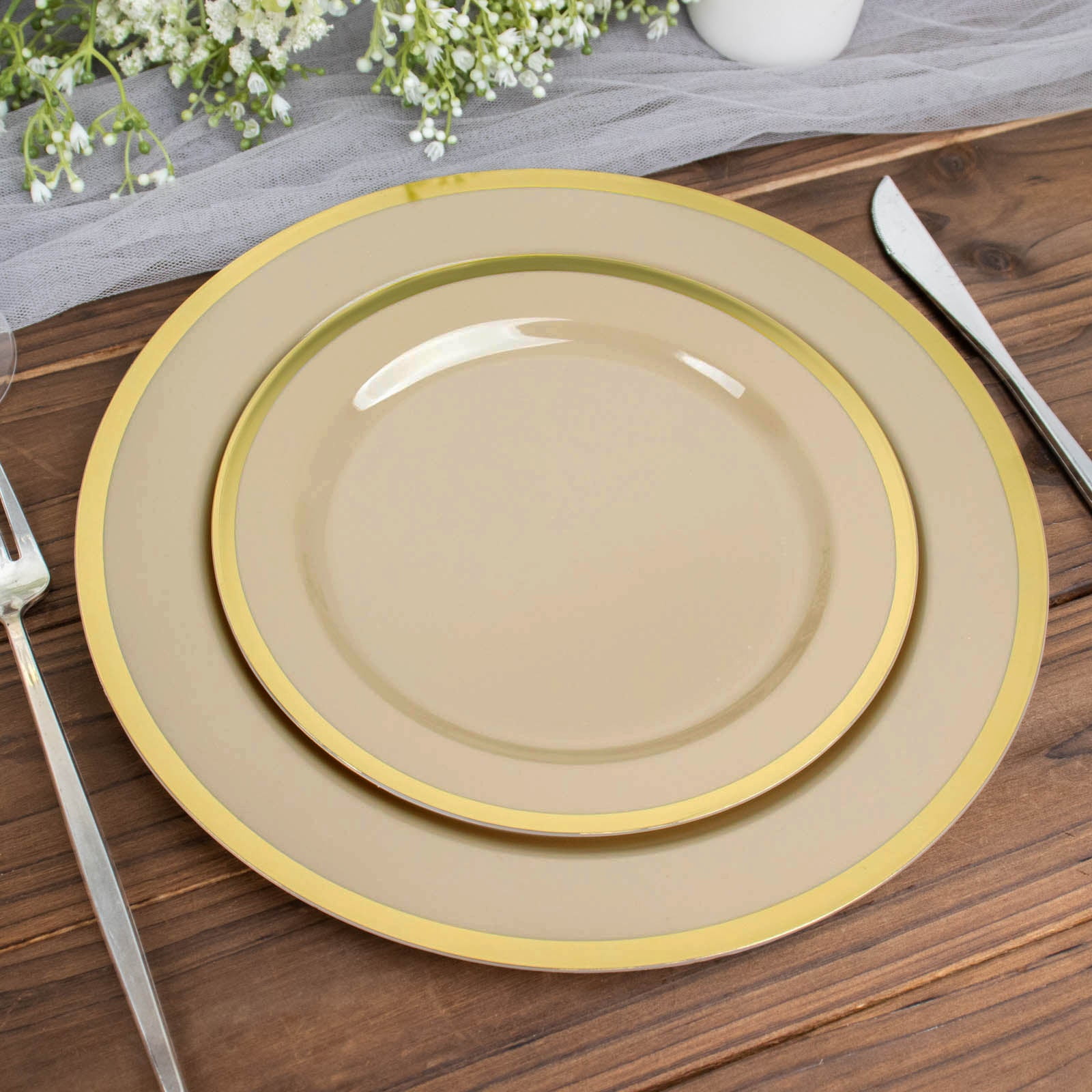 Efavormart 10 Pack | 7" Regal Taupe And Gold Round Plastic Dessert ...