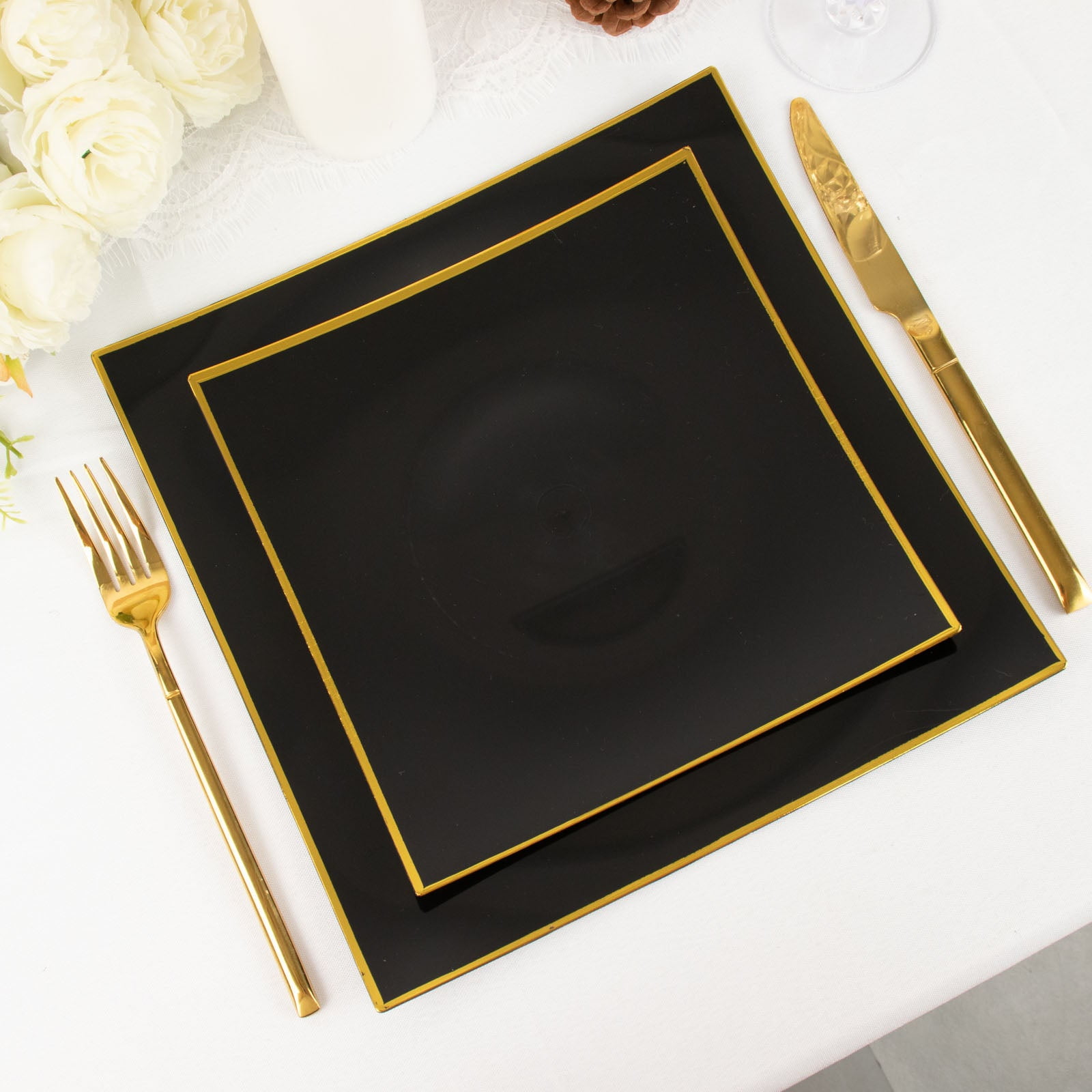 Efavormart 10 Pack | 8" Black / Gold Concave Square Hard Plastic Dinner ...