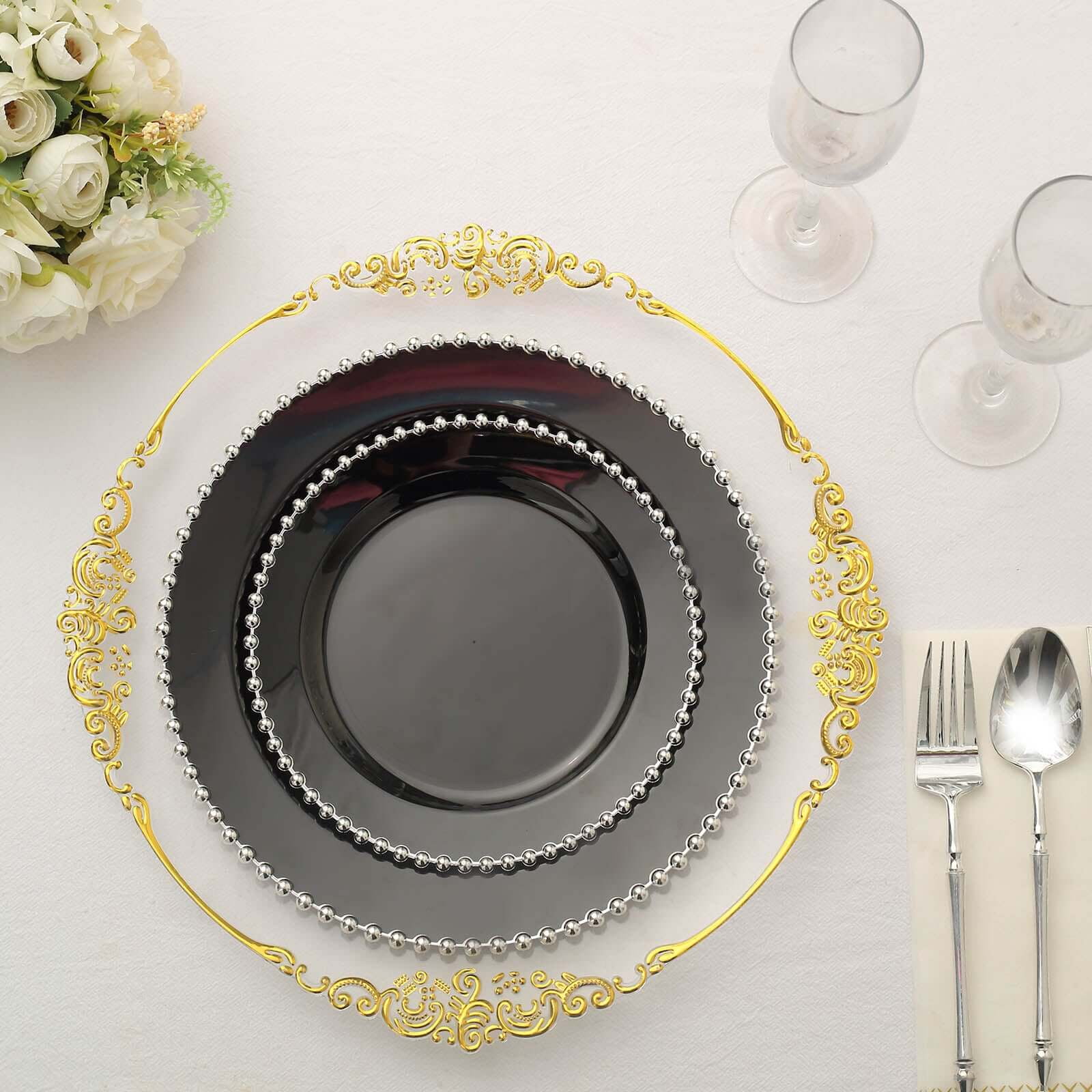 Efavormart 10 Pack | 8" Black / Silver Beaded Rim Plastic Dessert ...