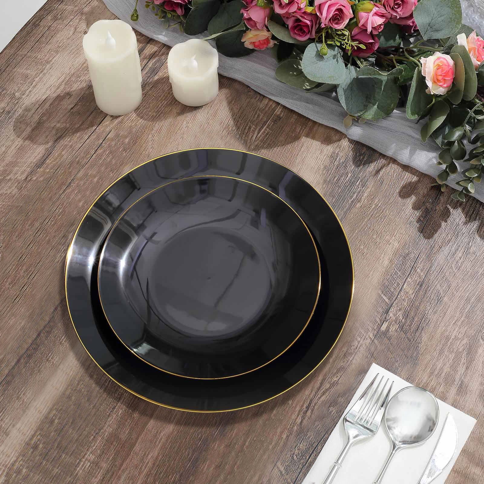 Efavormart 10 Pack | 8" Glossy Black Round Plastic Dinner Plates With ...