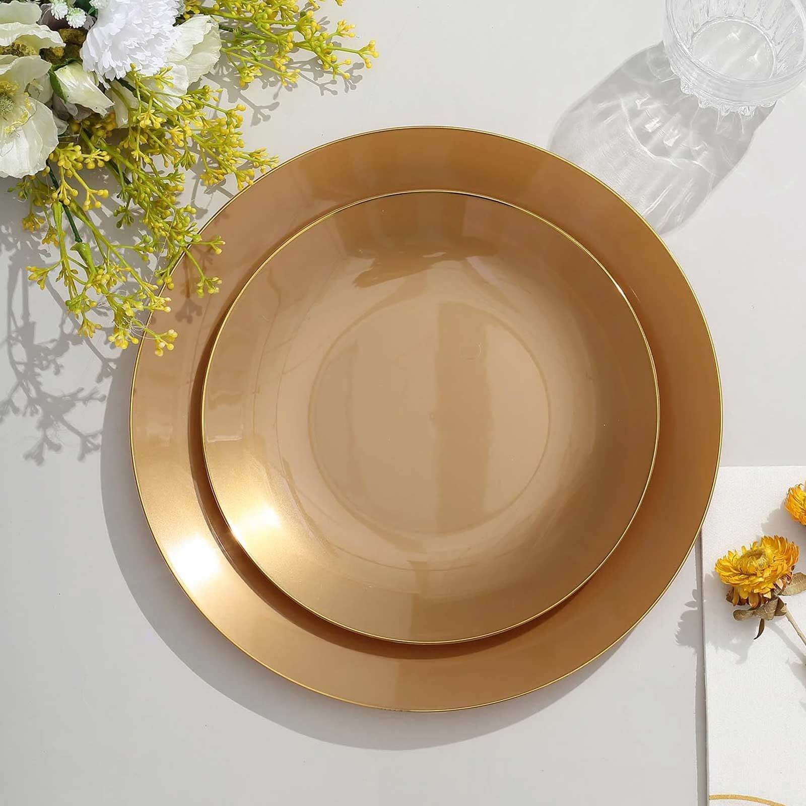 Efavormart 10 Pack | 8" Glossy Gold Round Plastic Dinner Plates With ...