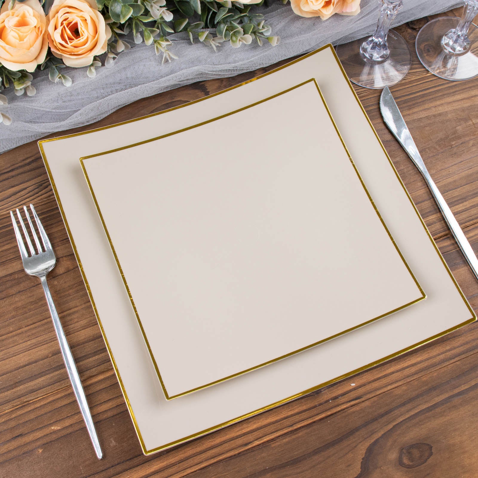Efavormart 10 Pack | 8" Taupe / Gold Concave Square Hard Plastic Dinner ...