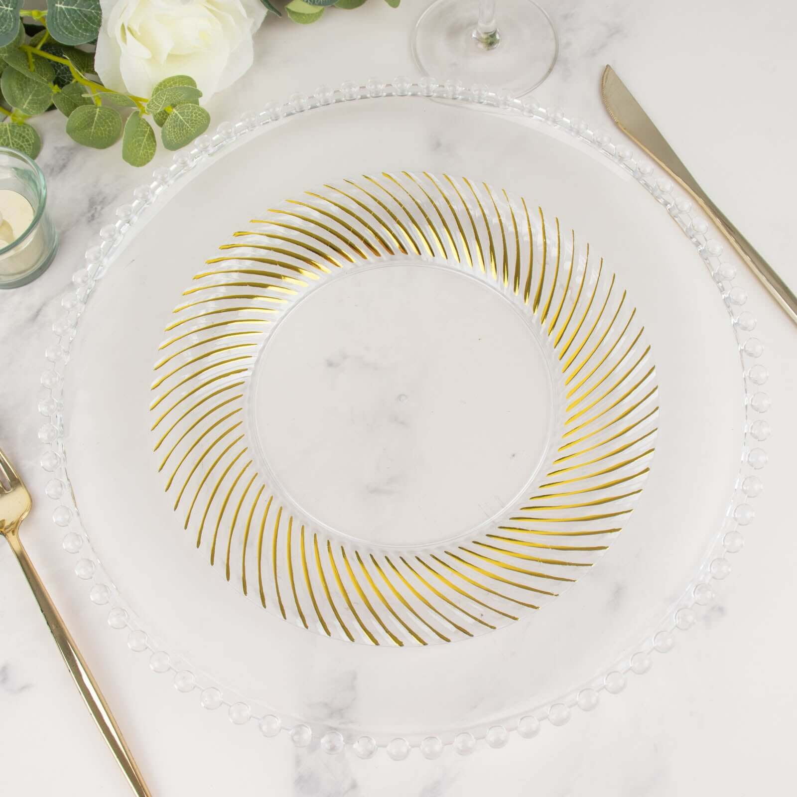 Efavormart 10 Pack | 9" Clear / Gold Swirl Rim Plastic Dinner Plates ...