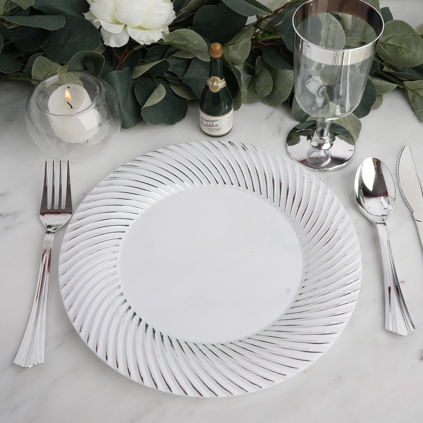 Efavormart 10 Pack | 9" White / Silver Swirl Rim Plastic Dessert ...